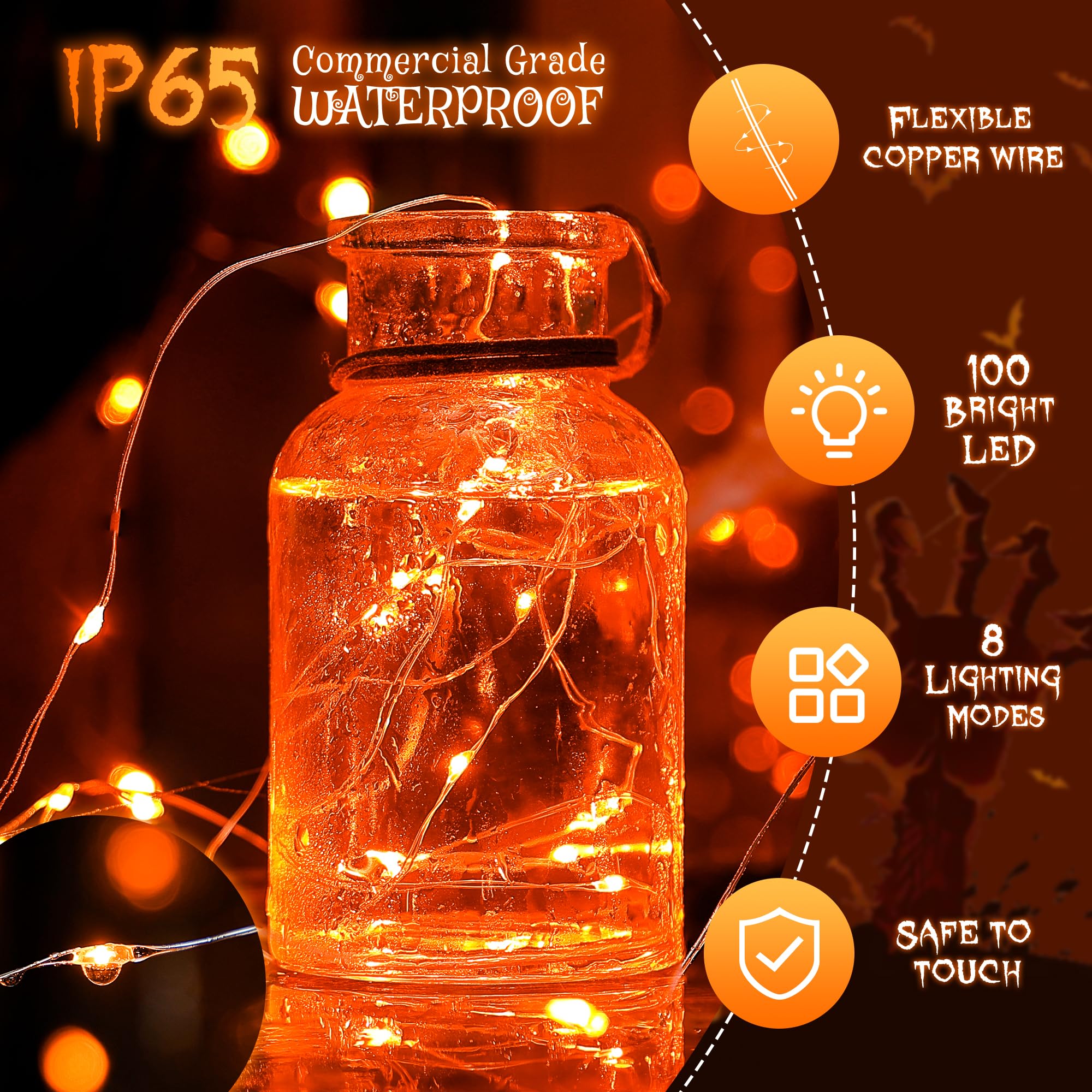 Woohaha Solar Halloween Lights Outdoor,2 Pack Each 33Ft 100LED Orange Halloween Lights,Copper Wire Solar Powered Fairy String Lights 8 Modes for Garden,Tree,Thanksgiving,Christmas,Parties,Home Decor
