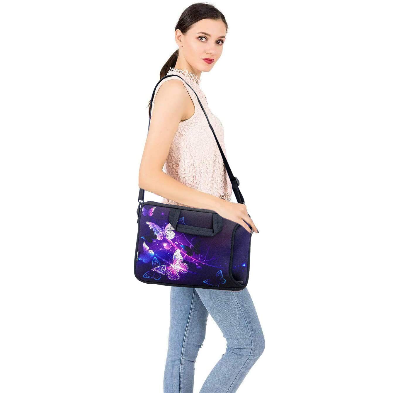 RICHEN 14 15 15.4 15.6 inch Laptop Shoulder Bag Notebook Handle Sleeve Neoprene Soft Carrying Travel Case with Accessories Pocket (14-15.6 inch, Butterflies)