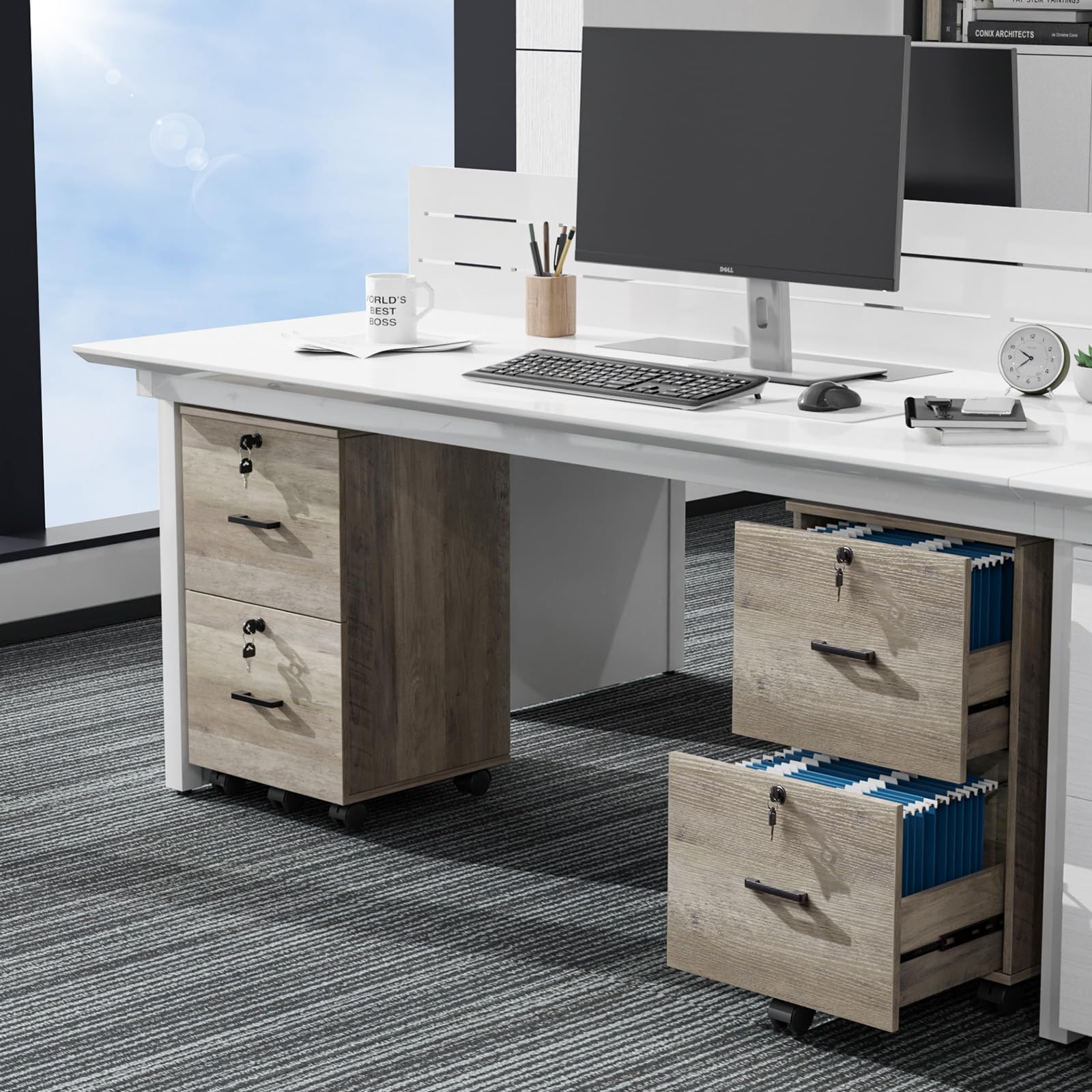 VINGLI 2 Drawer File Cabinet with Lock, Wood Rustic Gray File Cabinet for Letter Size File Folders with Tabs, Under Desk Rolling File Cabinets for Home Office, Mobile Filing Cabinet Printer Stand