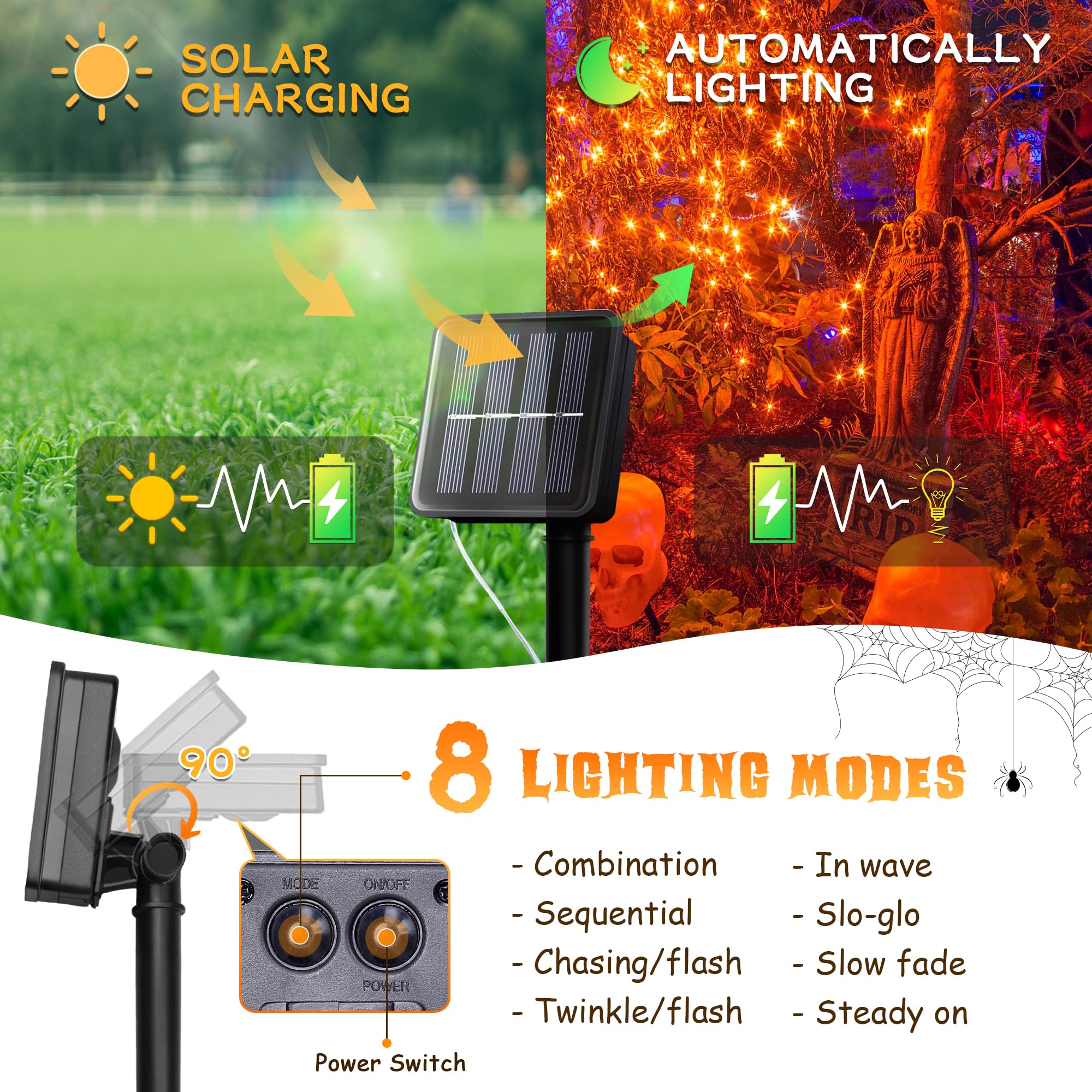 Woohaha Solar Halloween Lights Outdoor,2 Pack Each 33Ft 100LED Orange Halloween Lights,Copper Wire Solar Powered Fairy String Lights 8 Modes for Garden,Tree,Thanksgiving,Christmas,Parties,Home Decor