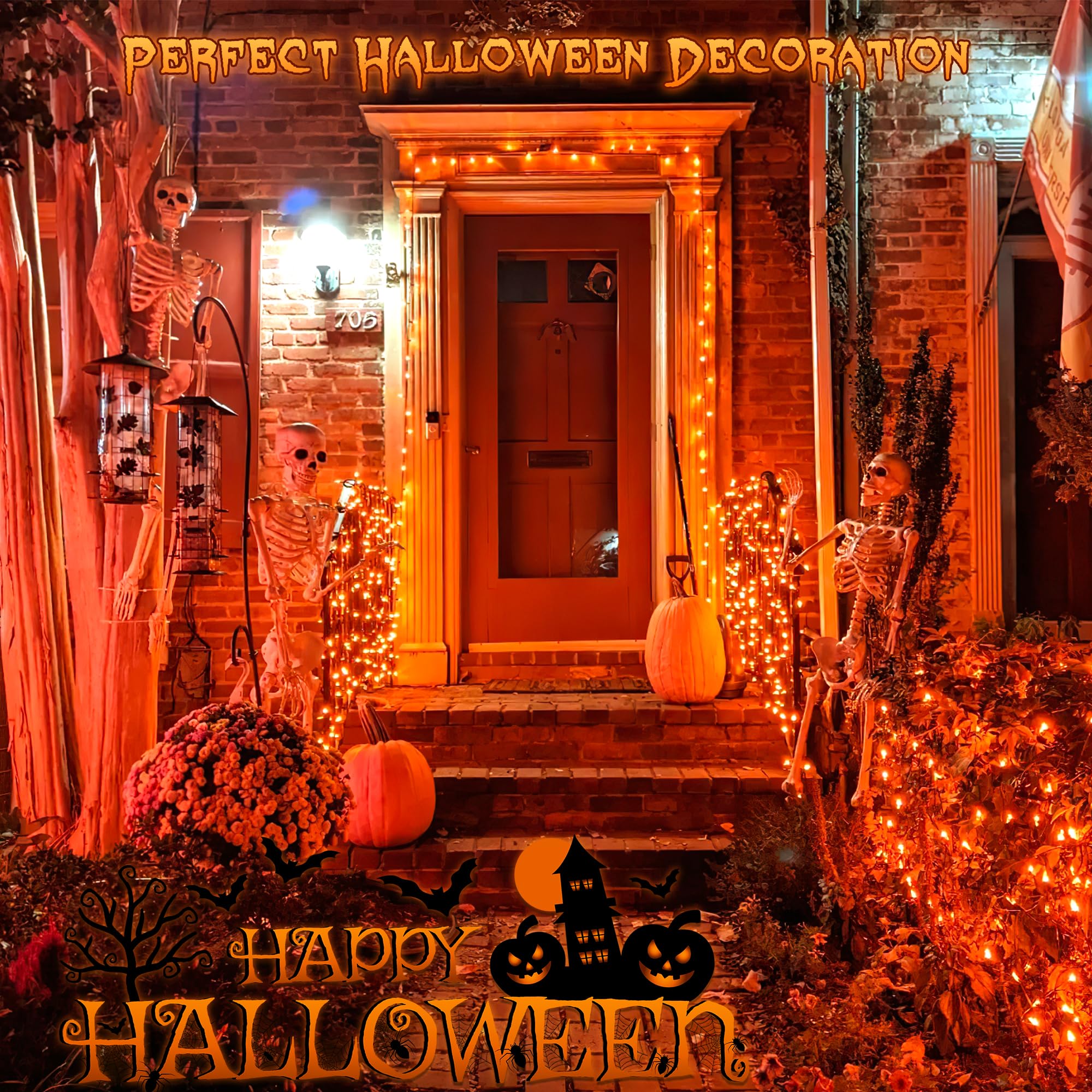 Woohaha Solar Halloween Lights Outdoor,2 Pack Each 33Ft 100LED Orange Halloween Lights,Copper Wire Solar Powered Fairy String Lights 8 Modes for Garden,Tree,Thanksgiving,Christmas,Parties,Home Decor