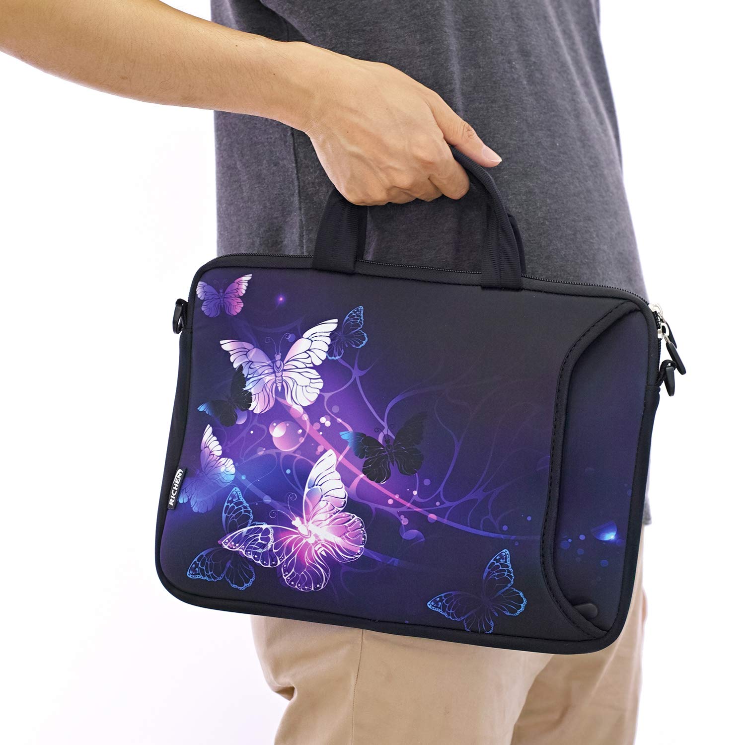 RICHEN 14 15 15.4 15.6 inch Laptop Shoulder Bag Notebook Handle Sleeve Neoprene Soft Carrying Travel Case with Accessories Pocket (14-15.6 inch, Butterflies)