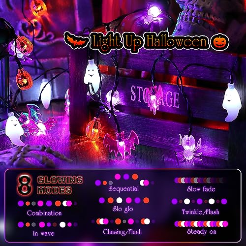 Enhon Halloween Lights, 26 FT 40LED Solar Halloween Pumpkin Bat Ghost Spider Lights for Decoration, IP44 Waterproof Lights with 8 Modes for Garden(Orange, Cool White, Purple, Dark Purple,1 Pc)
