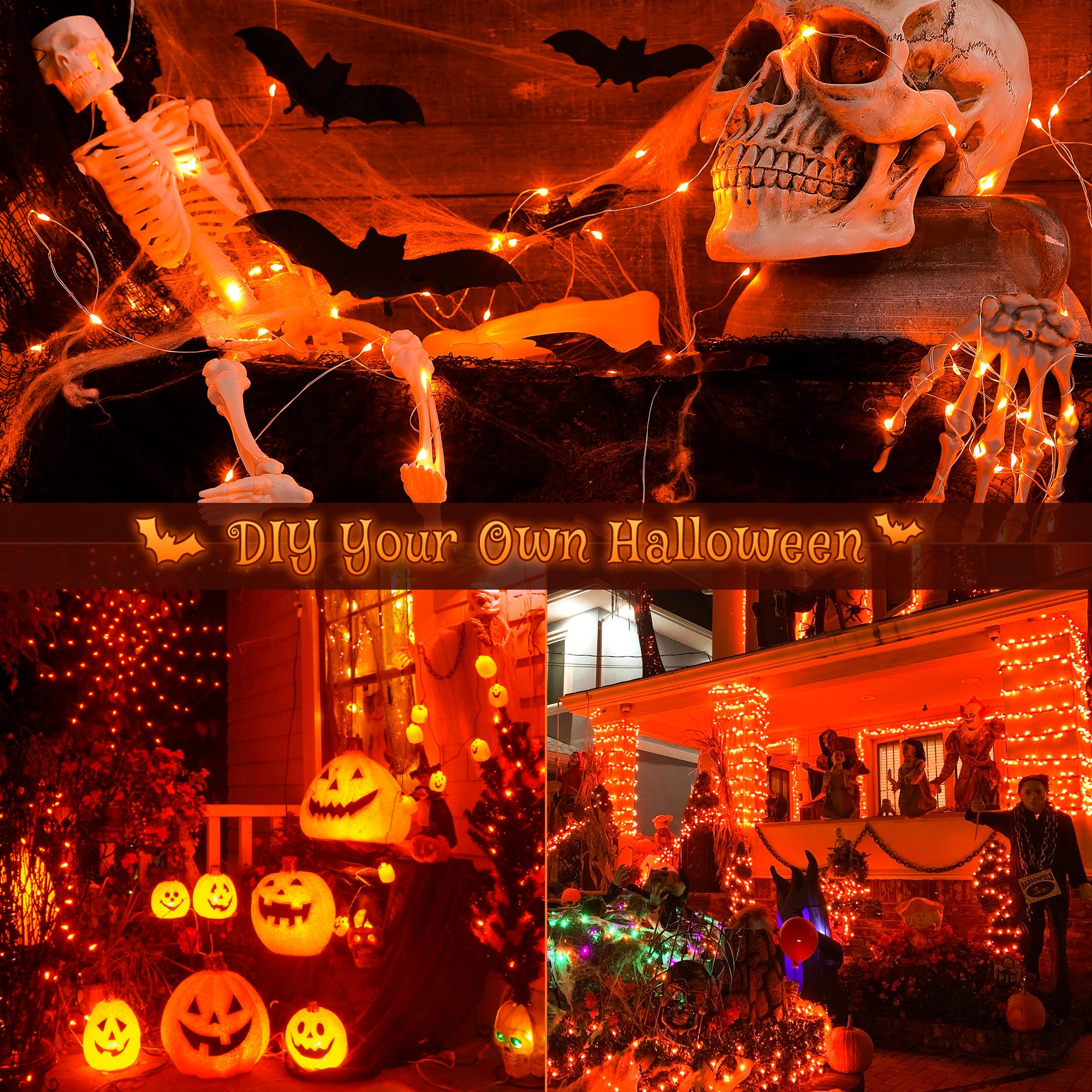 Woohaha Solar Halloween Lights Outdoor,2 Pack Each 33Ft 100LED Orange Halloween Lights,Copper Wire Solar Powered Fairy String Lights 8 Modes for Garden,Tree,Thanksgiving,Christmas,Parties,Home Decor