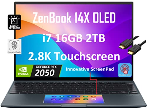 ASUS ZenBook 14X OLED UX5400 14" QHD+ Touchscreen (Intel 12-Core i7-1260P, 16GB RAM, 2TB SSD, RTX 2050) Business Laptop, Innovative ScreenPad, Backlit, FP, Thunderbolt 4, IST HDMI, Win 11 Home - 2023