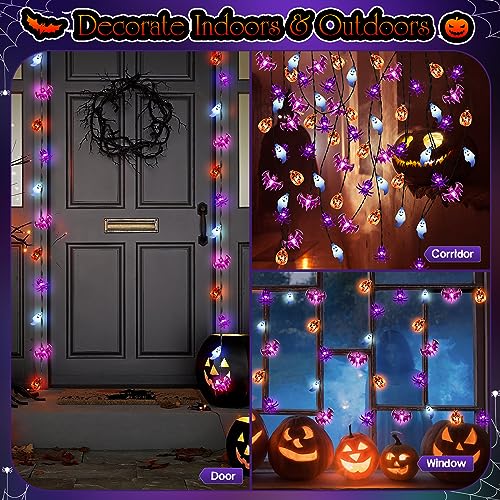 Enhon Halloween Lights, 26 FT 40LED Solar Halloween Pumpkin Bat Ghost Spider Lights for Decoration, IP44 Waterproof Lights with 8 Modes for Garden(Orange, Cool White, Purple, Dark Purple,1 Pc)