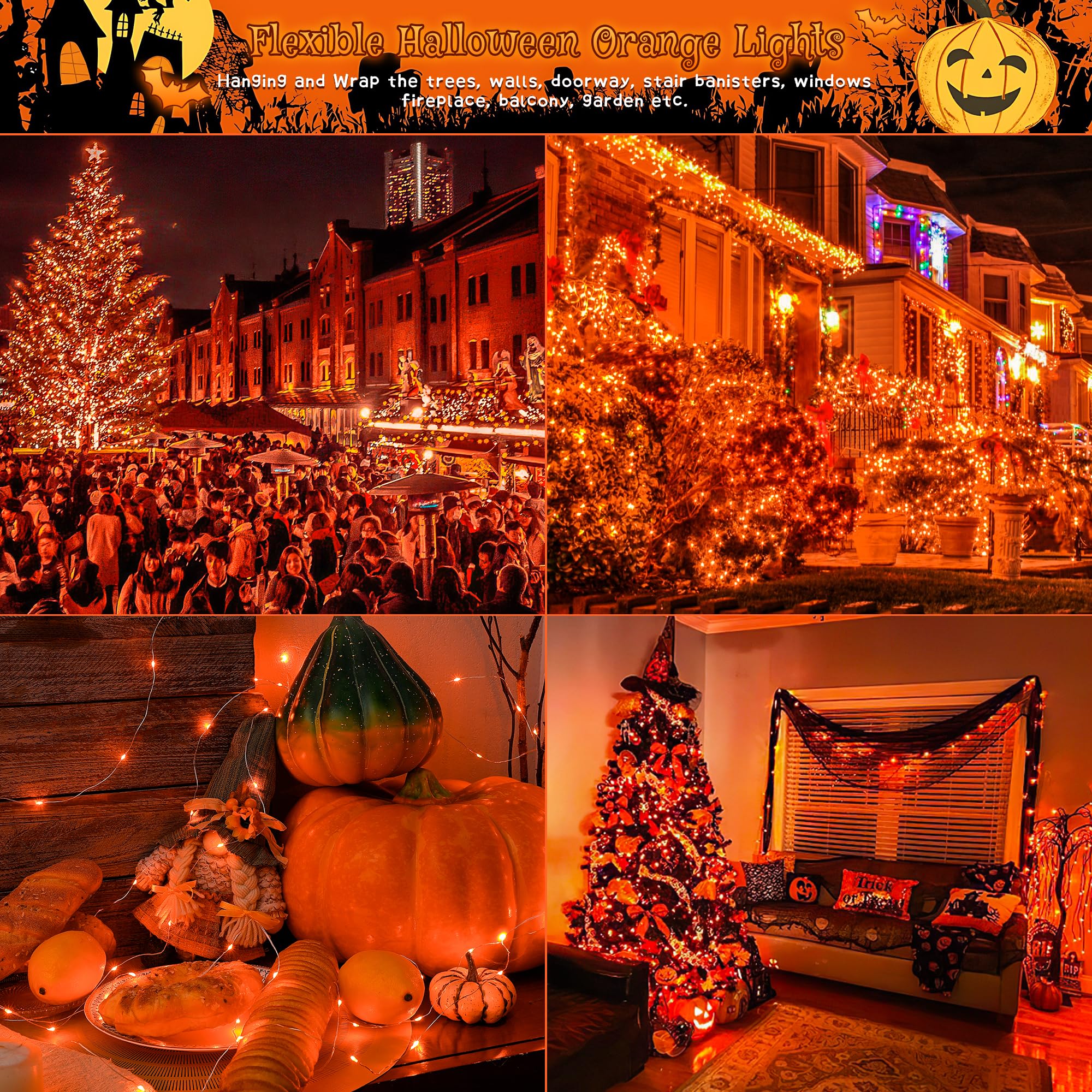 Woohaha Solar Halloween Lights Outdoor,2 Pack Each 33Ft 100LED Orange Halloween Lights,Copper Wire Solar Powered Fairy String Lights 8 Modes for Garden,Tree,Thanksgiving,Christmas,Parties,Home Decor