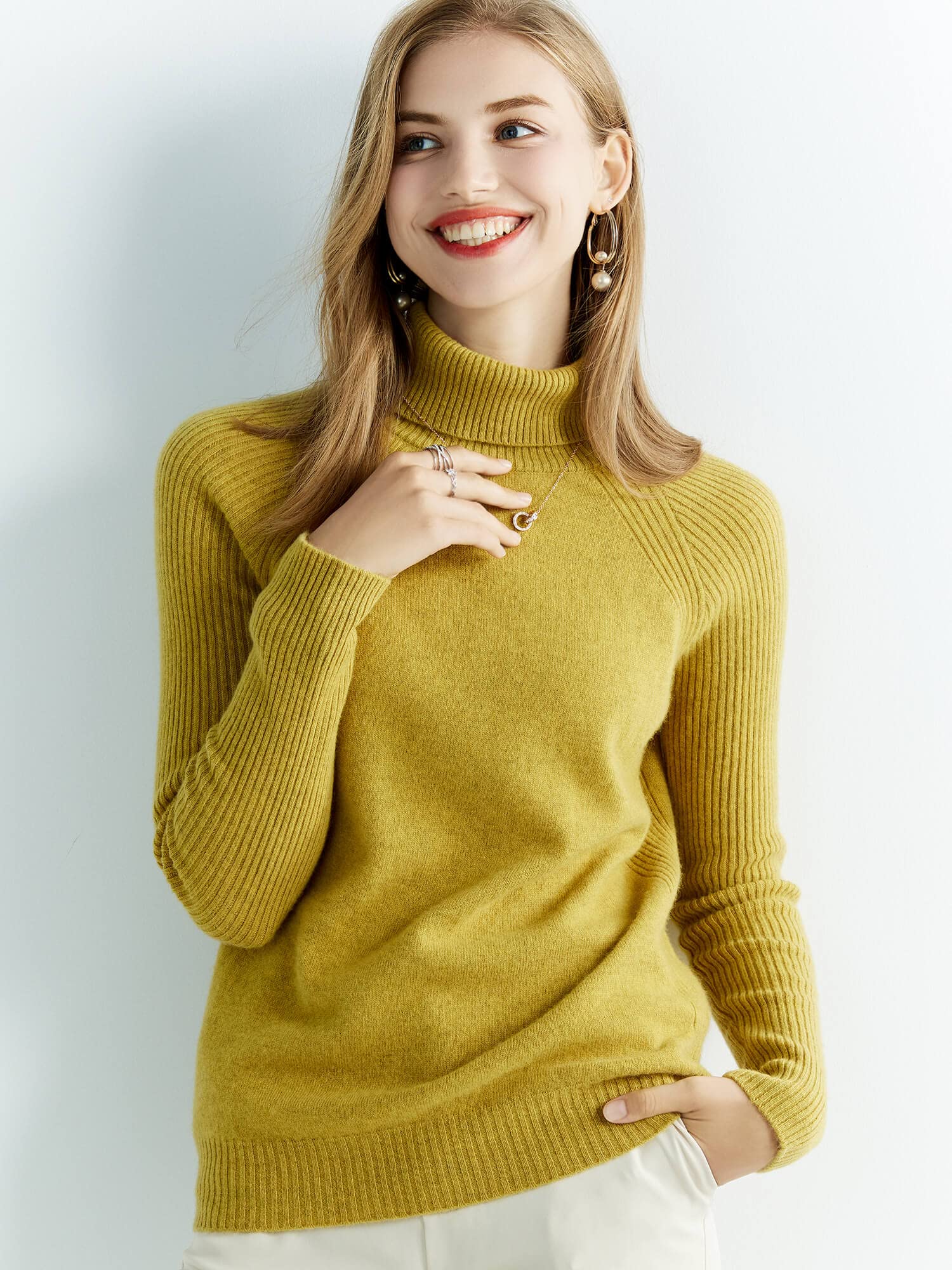 LINY XIN 100% Merino Wool Swetaer for Women Turtleneck Long Sleeve Fall Winter Warm Knitted Pullover Sweater Jumper (Yellow Green,L)