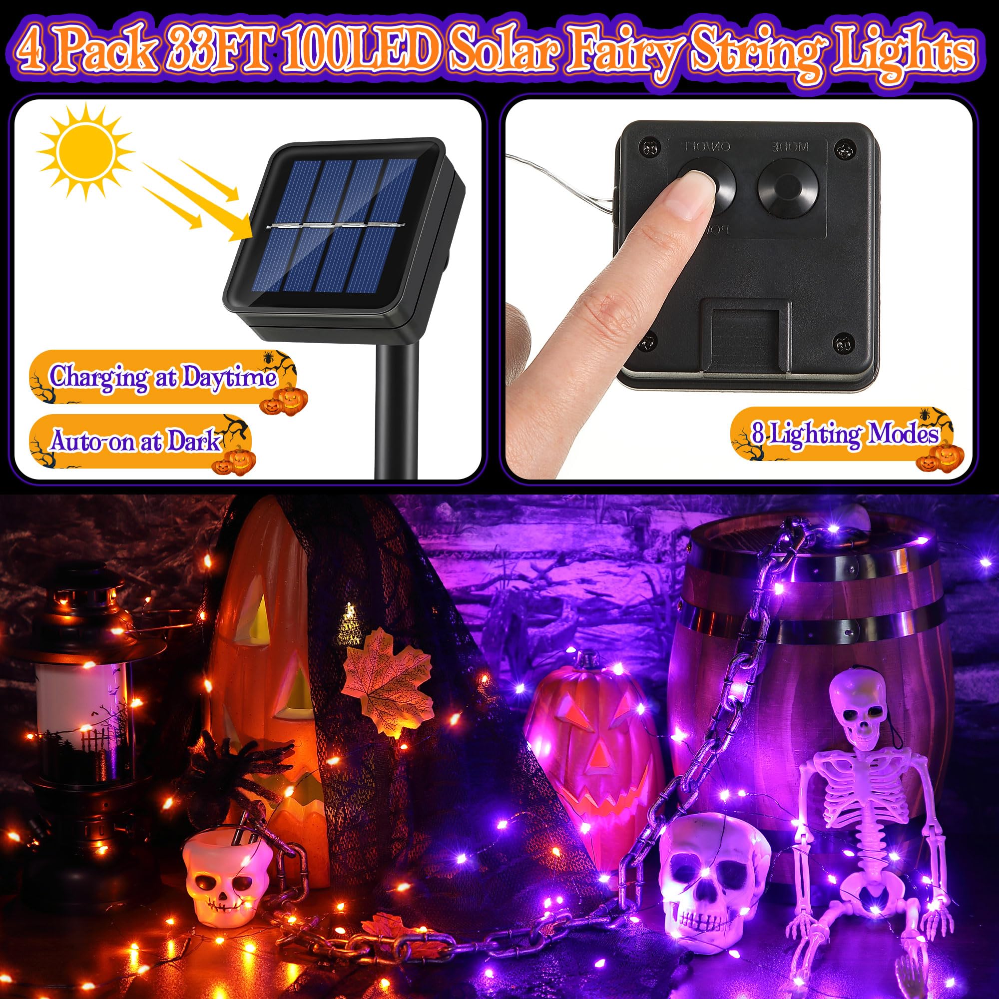 Hiboom 4 Pack Halloween Solar String Lights Outdoor, Each 33 Ft 100 LED 8 Modes Solar Orange Purple String Lights, Waterproof Black Copper Wire Fairy Lights for Halloween Home Patio Party Tree Decor