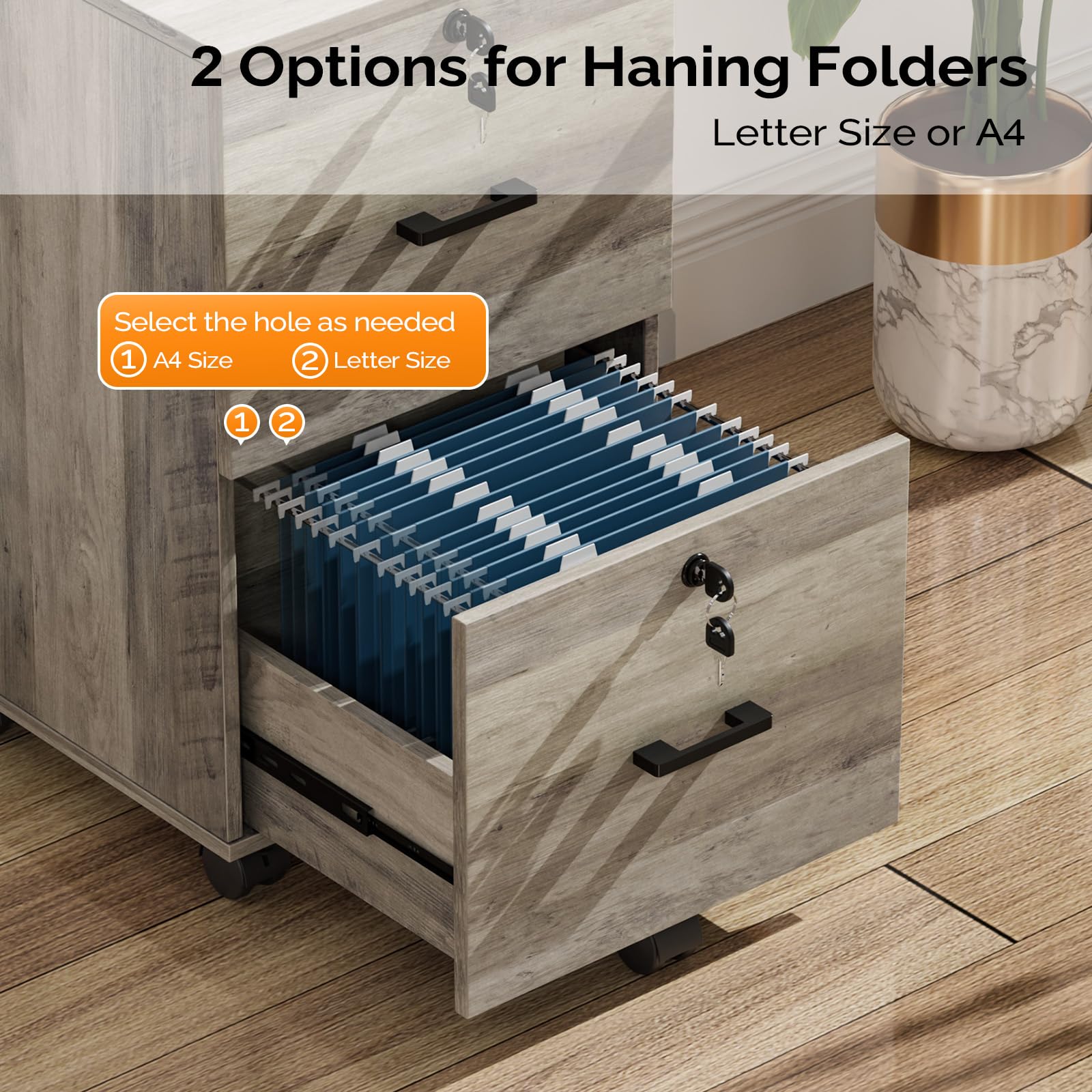 VINGLI 2 Drawer File Cabinet with Lock, Wood Rustic Gray File Cabinet for Letter Size File Folders with Tabs, Under Desk Rolling File Cabinets for Home Office, Mobile Filing Cabinet Printer Stand