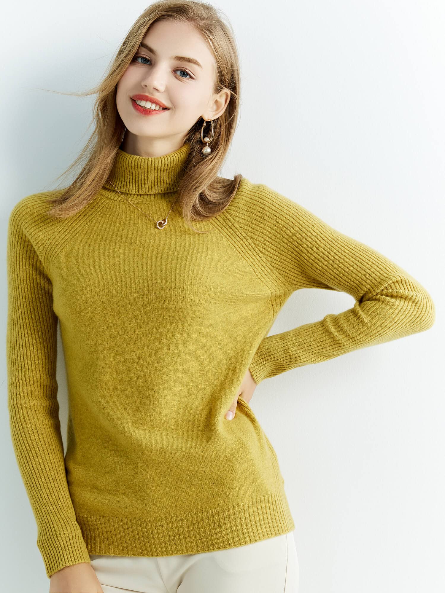 LINY XIN 100% Merino Wool Swetaer for Women Turtleneck Long Sleeve Fall Winter Warm Knitted Pullover Sweater Jumper (Yellow Green,L)