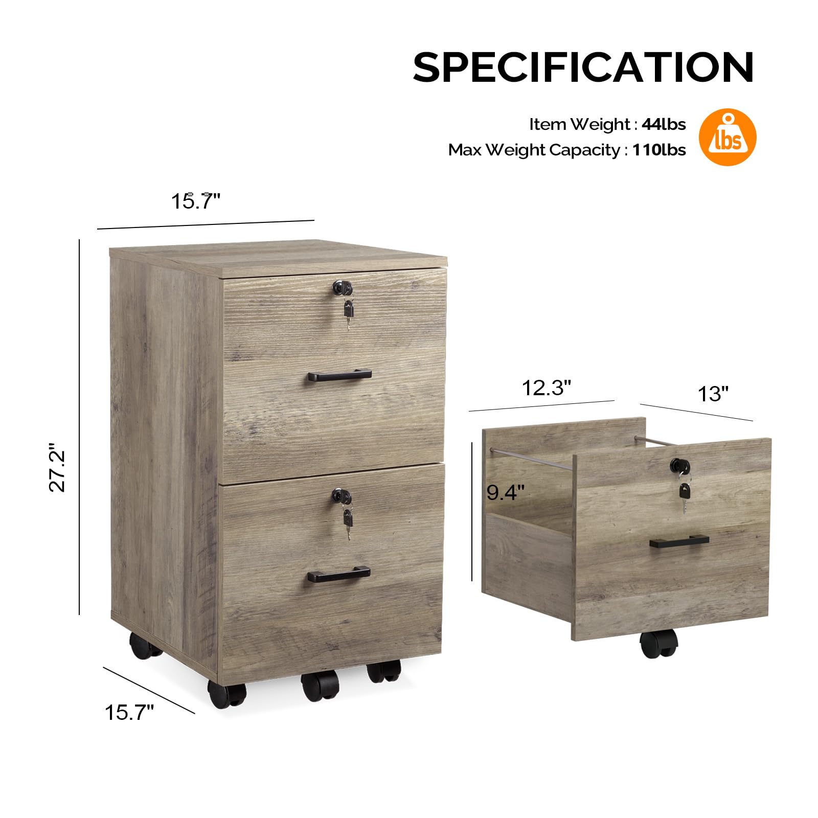 VINGLI 2 Drawer File Cabinet with Lock, Wood Rustic Gray File Cabinet for Letter Size File Folders with Tabs, Under Desk Rolling File Cabinets for Home Office, Mobile Filing Cabinet Printer Stand