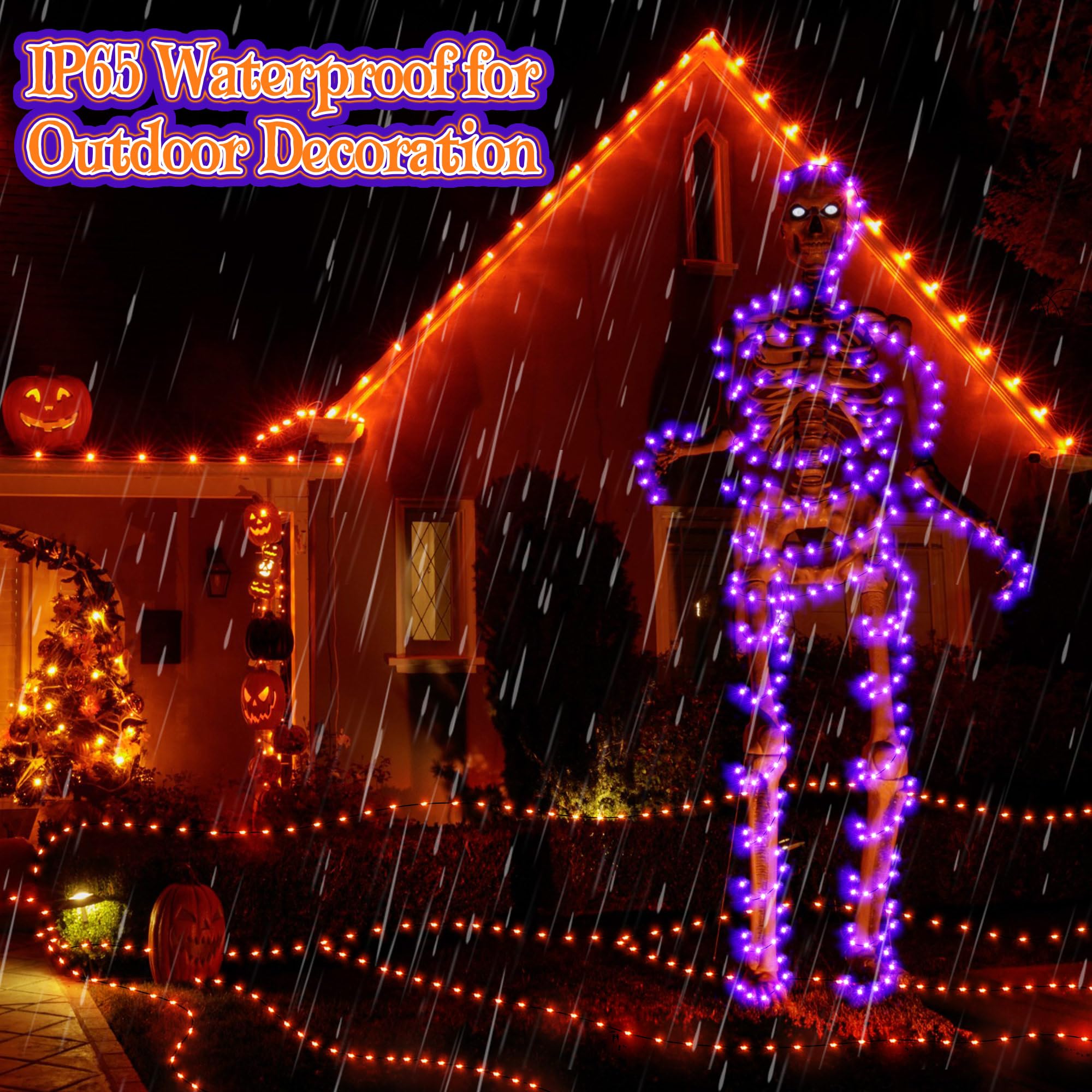 Hiboom 4 Pack Halloween Solar String Lights Outdoor, Each 33 Ft 100 LED 8 Modes Solar Orange Purple String Lights, Waterproof Black Copper Wire Fairy Lights for Halloween Home Patio Party Tree Decor