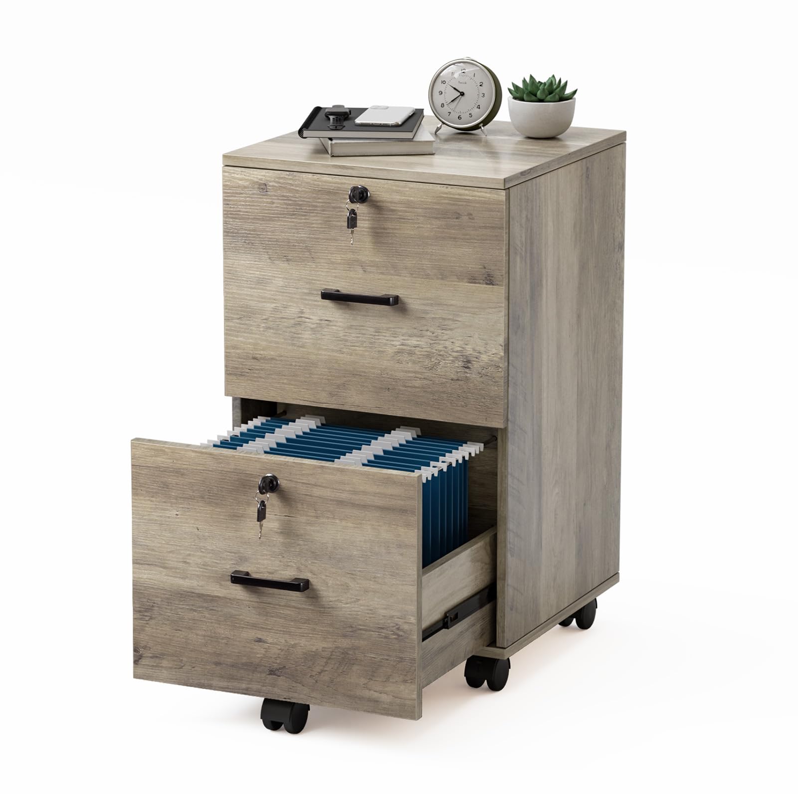 VINGLI 2 Drawer File Cabinet with Lock, Wood Rustic Gray File Cabinet for Letter Size File Folders with Tabs, Under Desk Rolling File Cabinets for Home Office, Mobile Filing Cabinet Printer Stand