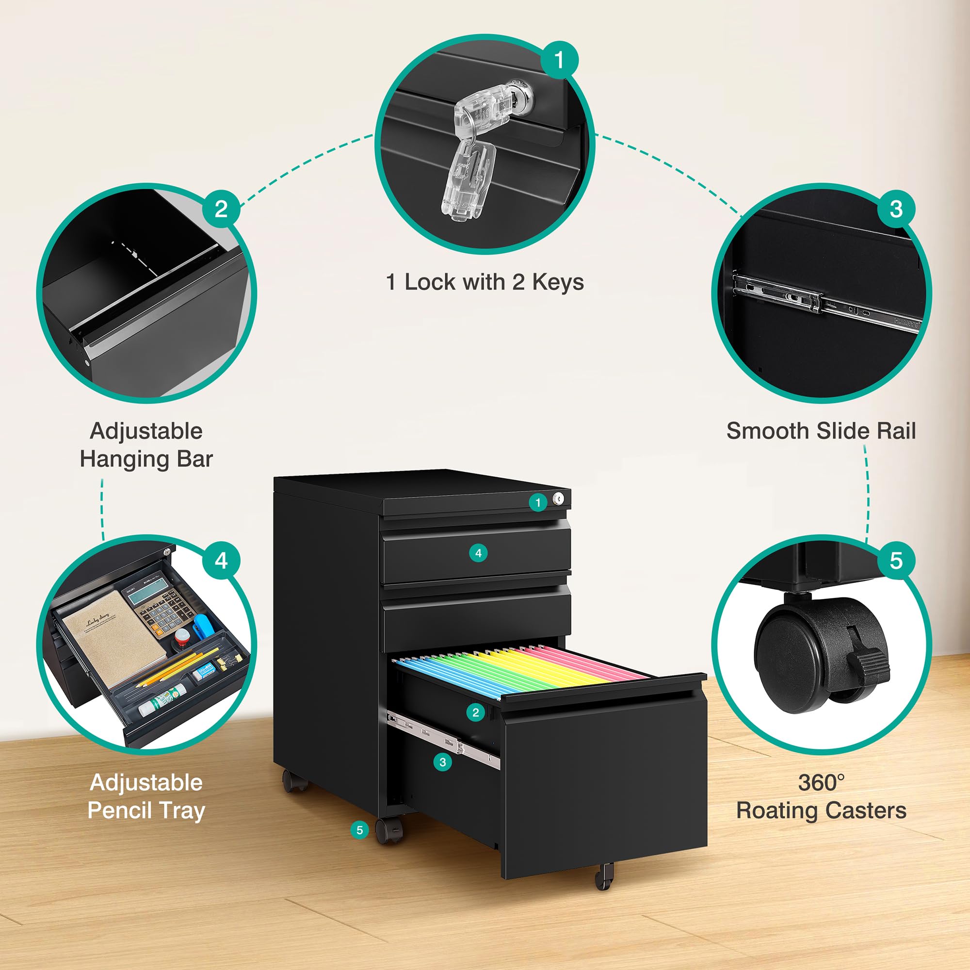 3 Drawer File Cabinet with Lock,Under Desk File Cabinet with Wheels,Black Rolling File Cabinet,Three Drawer Metal Filing Cabinet for Home Office,Fit A4/Letter/Legal File,Fully Assembled Except Casters
