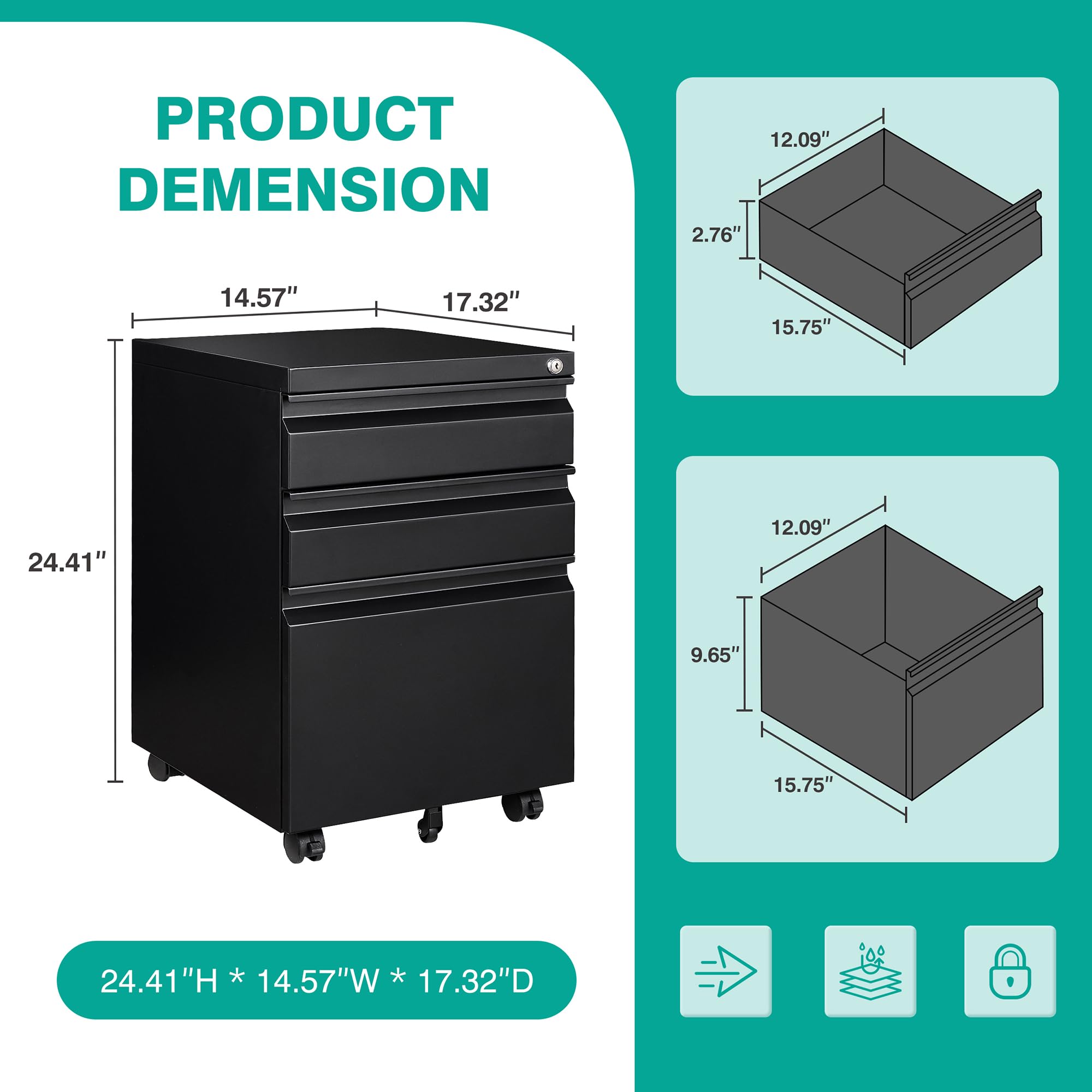 3 Drawer File Cabinet with Lock,Under Desk File Cabinet with Wheels,Black Rolling File Cabinet,Three Drawer Metal Filing Cabinet for Home Office,Fit A4/Letter/Legal File,Fully Assembled Except Casters