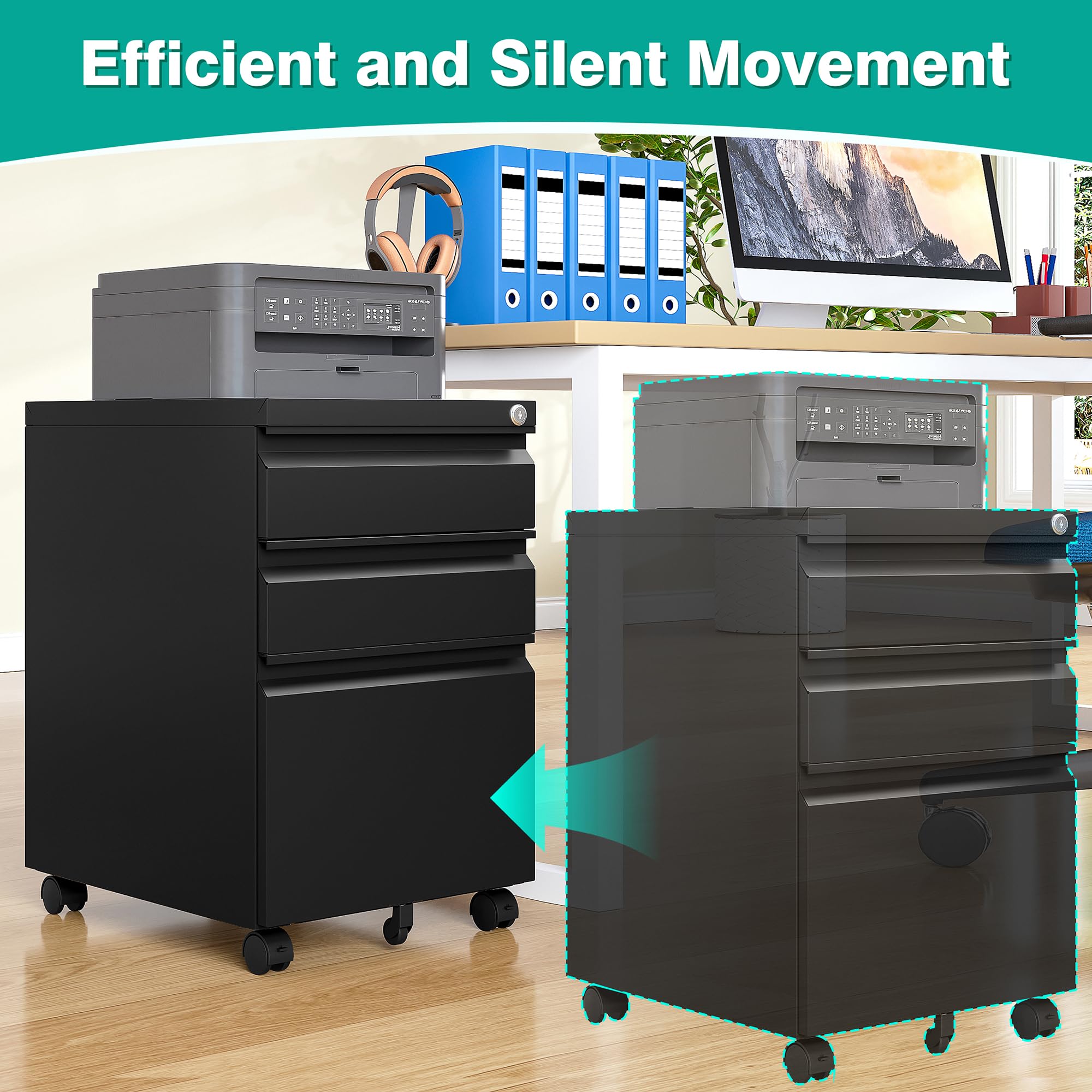 3 Drawer File Cabinet with Lock,Under Desk File Cabinet with Wheels,Black Rolling File Cabinet,Three Drawer Metal Filing Cabinet for Home Office,Fit A4/Letter/Legal File,Fully Assembled Except Casters