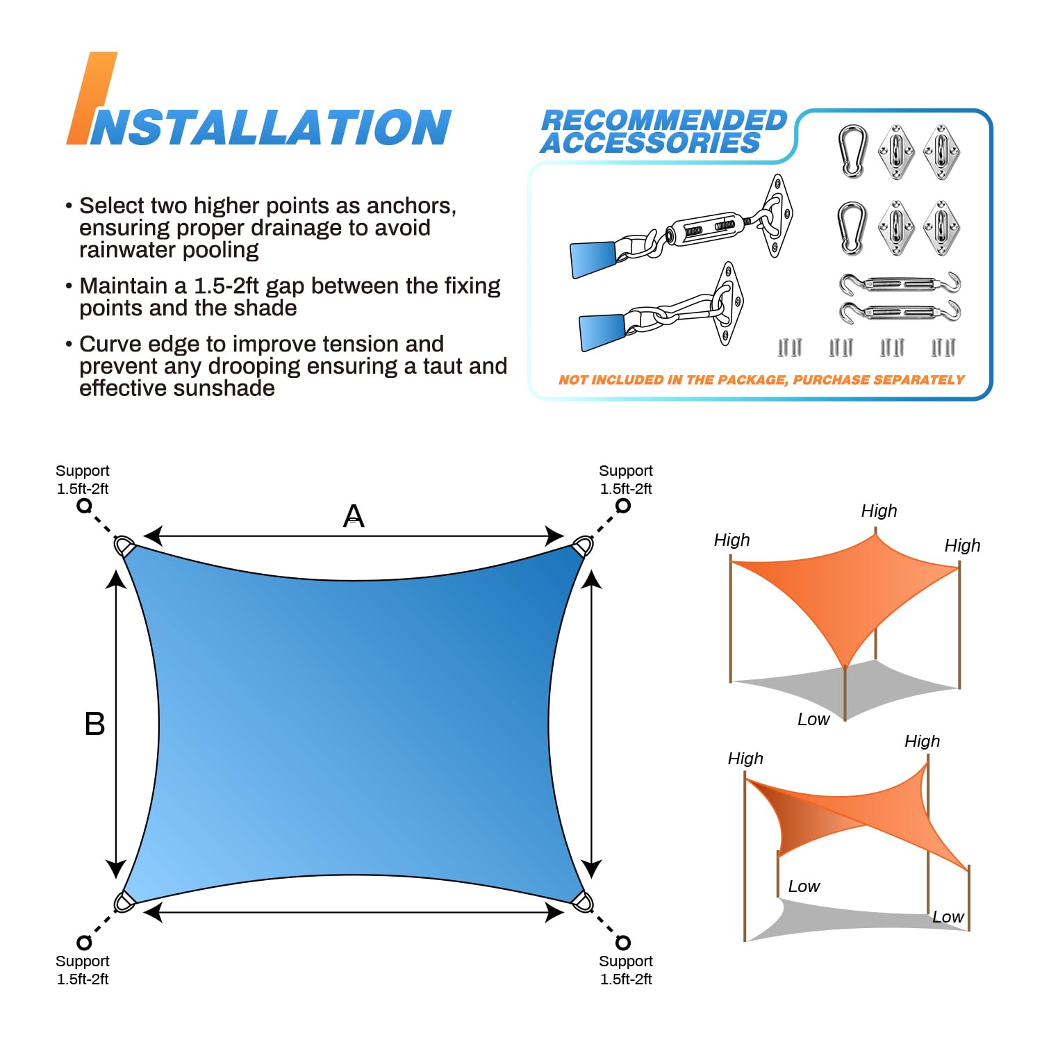 TANG Sun Shade Sail 5'x12' Light Grey Rectangle Sunshade Cloth UV Block Permeable Sail for Outdoor Patio Garden Pergola Gazebo Deck