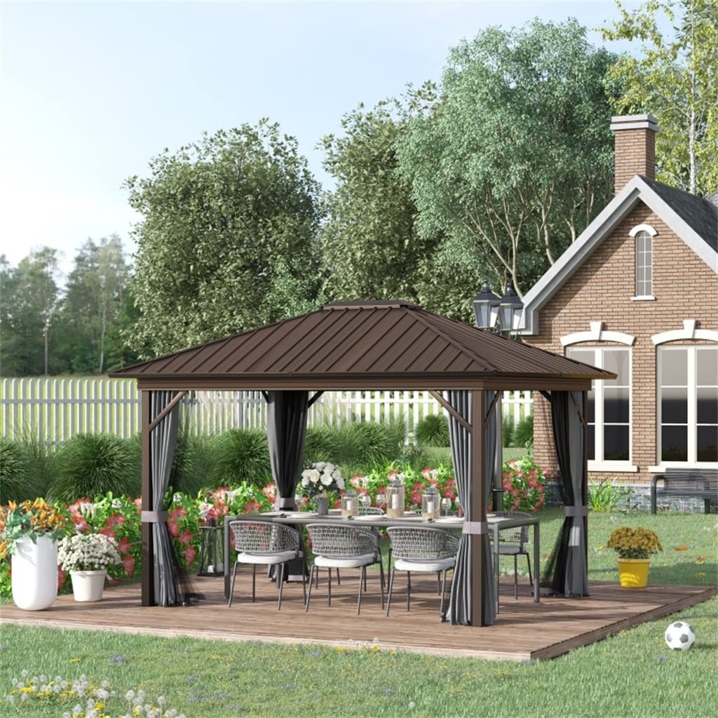 TBGFPO 10' X 12' Outdoor Hardtop Gazebo with Aluminum Frame, Metal Roof Gazebo Canopy with Curtains and Netting
