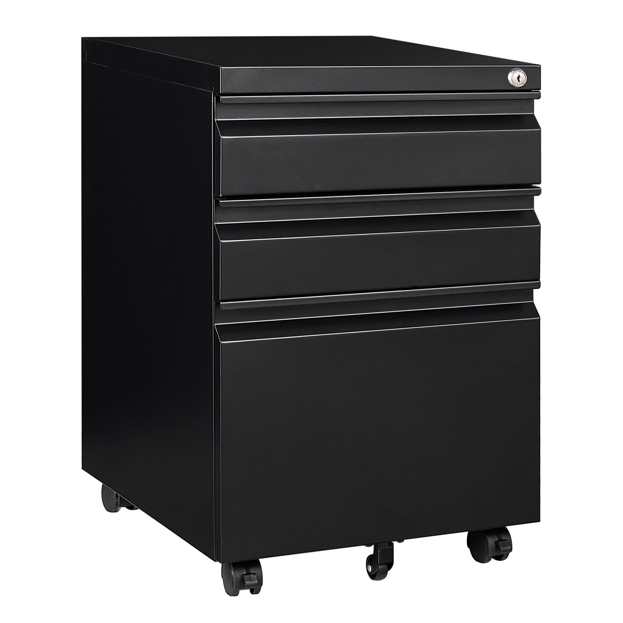 3 Drawer File Cabinet with Lock,Under Desk File Cabinet with Wheels,Black Rolling File Cabinet,Three Drawer Metal Filing Cabinet for Home Office,Fit A4/Letter/Legal File,Fully Assembled Except Casters