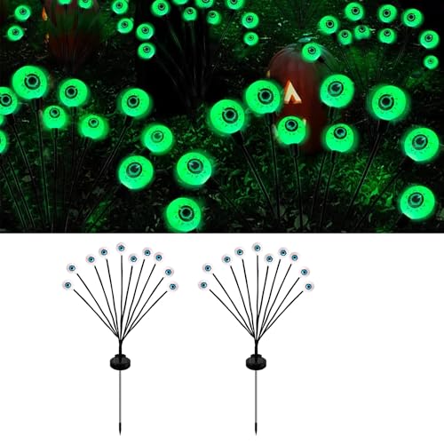 etoper Halloween Decoration Outdoor Solar Eyeball Lights,2 Packs 20 LED Green Eyeball Swaying Solar Landscape Pathway Stake Light,Path Lights for Garden Yard