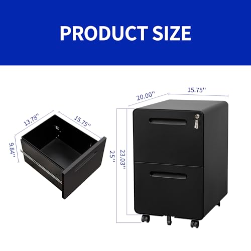 LVSTEEL 2 Drawer Mobile File Cabinet with Lock,Under Desk Metal Filing Cabinet for Home Office fits Legal/Letter,Fully Assembled Except Wheels,Black