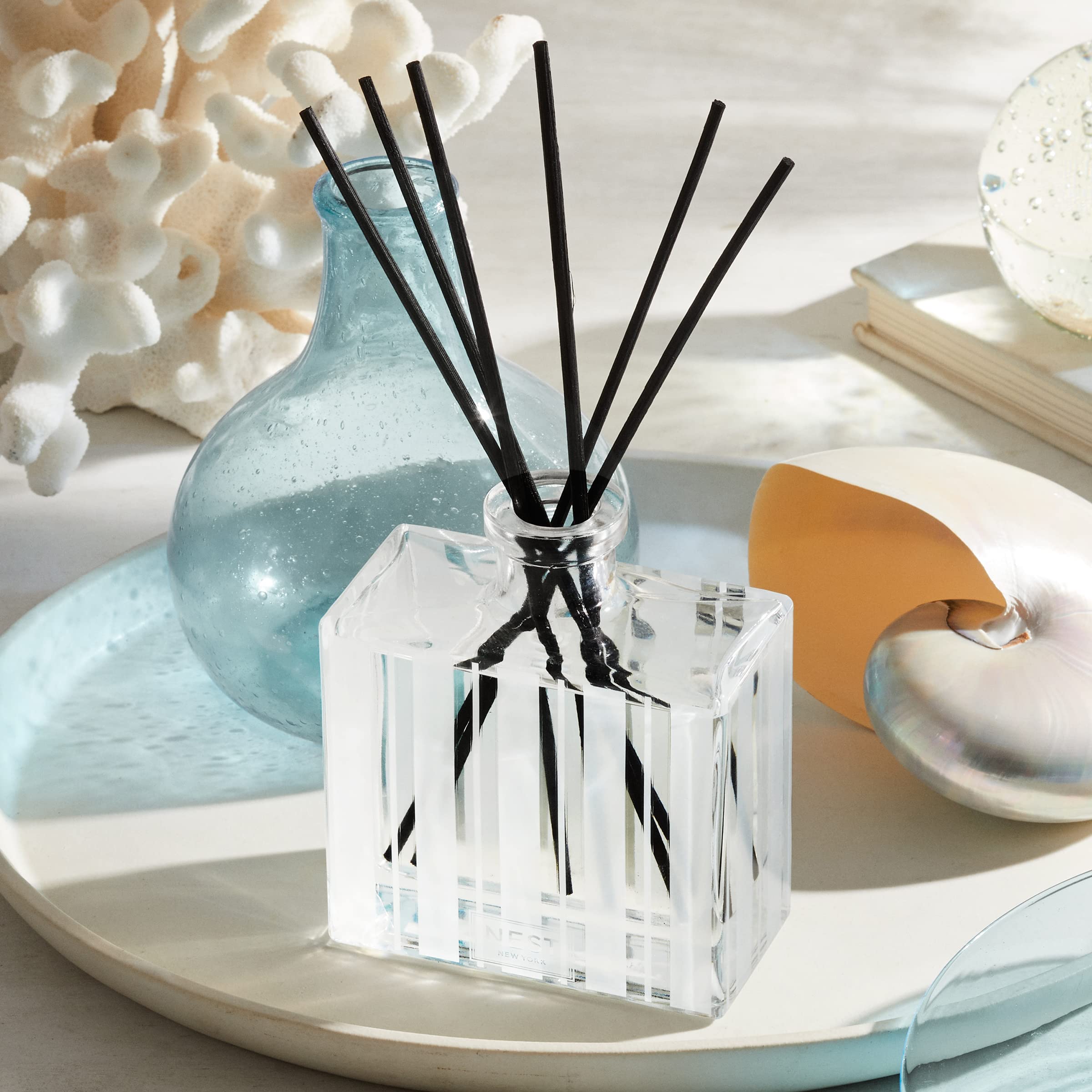 NEST New York Reed Diffuser, Ocean Mist & Sea Salt - 5.9 fl oz - Fragrance for Up to 90 Days - Reusable, Refillable Glass Holder - Includes 8 All-Natural Reed Sticks - Flame Free