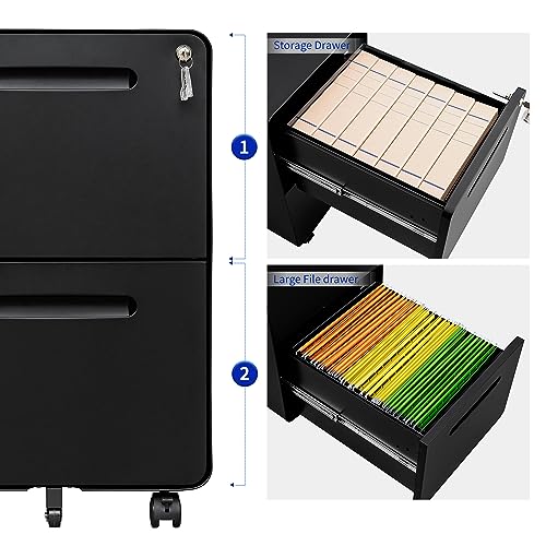 LVSTEEL 2 Drawer Mobile File Cabinet with Lock,Under Desk Metal Filing Cabinet for Home Office fits Legal/Letter,Fully Assembled Except Wheels,Black