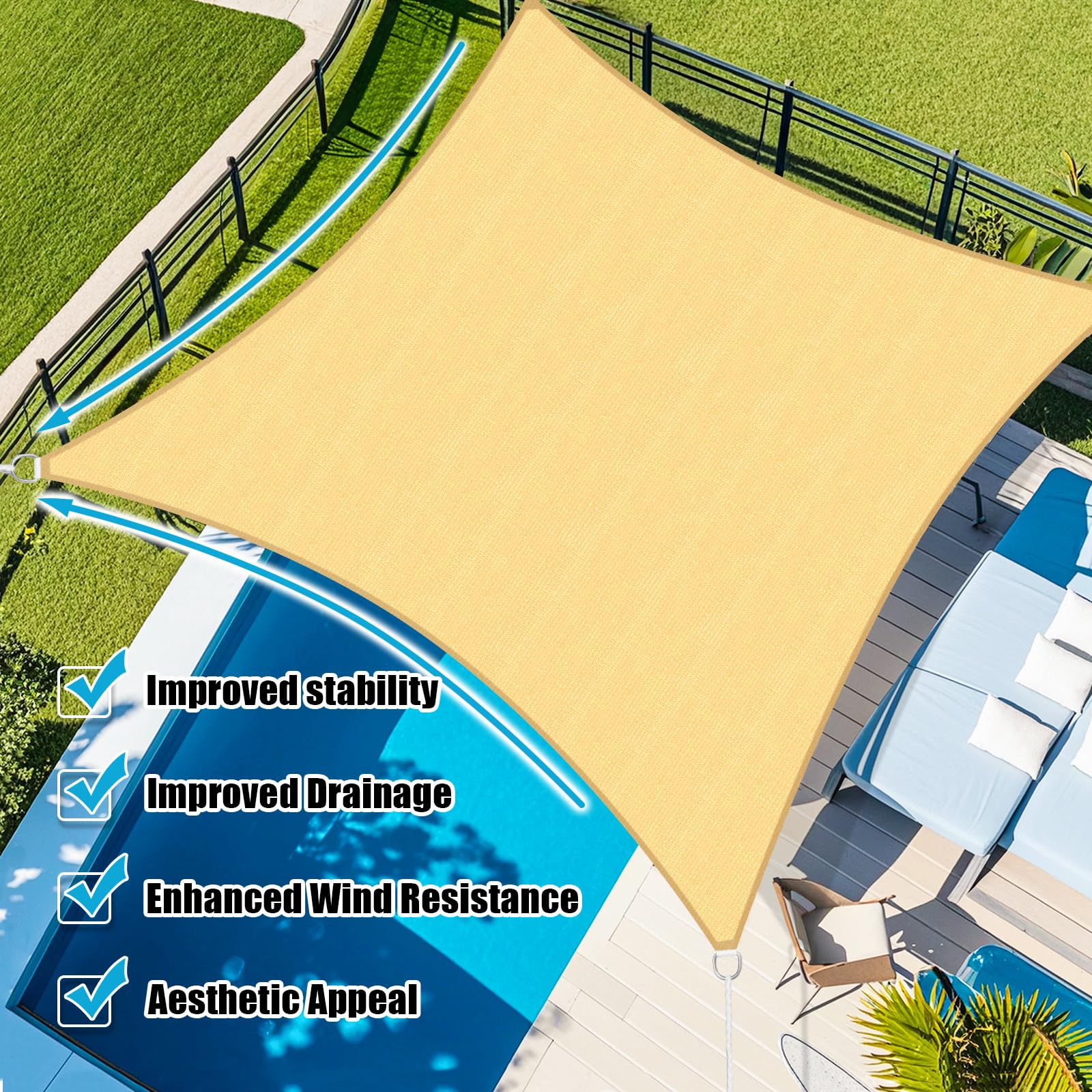Amagenix Sun Shade Sail 12'X12' Curved Edge Outdoor Shade Canopy Sand Breathable 95% UV Block Shade Cloth for Patio Garden Backyard (We Make Custom Size)
