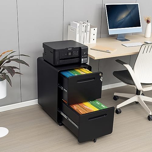 LVSTEEL 2 Drawer Mobile File Cabinet with Lock,Under Desk Metal Filing Cabinet for Home Office fits Legal/Letter,Fully Assembled Except Wheels,Black