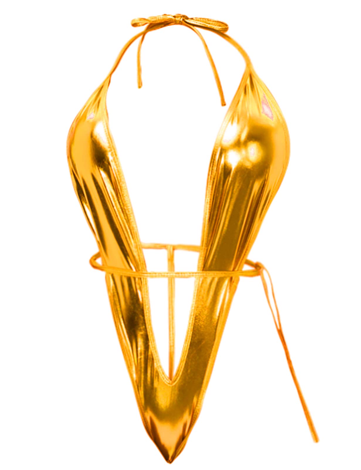 Yevin Womens Sexy One Piece Shiny Metallic Teddy Deep V Bodysuit One Piece High Cut Thong Lingerie Halter Backless Sleepwear Nightwear(Golden)