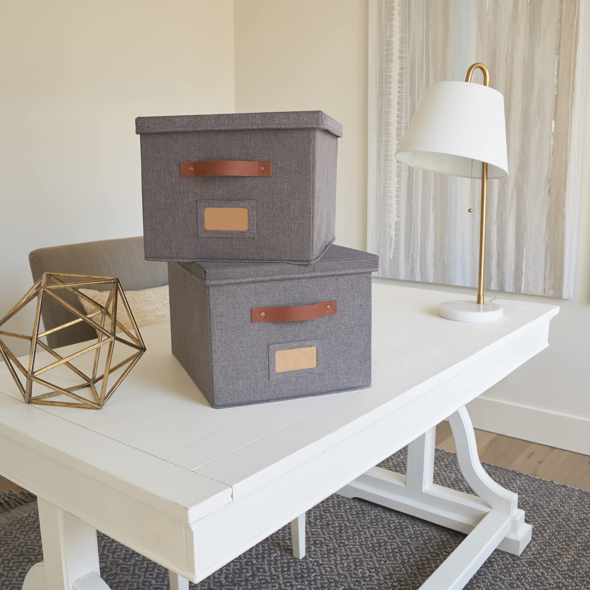 ZICOTO Decorative File Organizer Box Set of 2 - Collapsible Linen Filing Cabinets w/Handles Are Perfect to Store all Your Documents & Hanging File Folders - Portable Easy Slide Crates with Lid