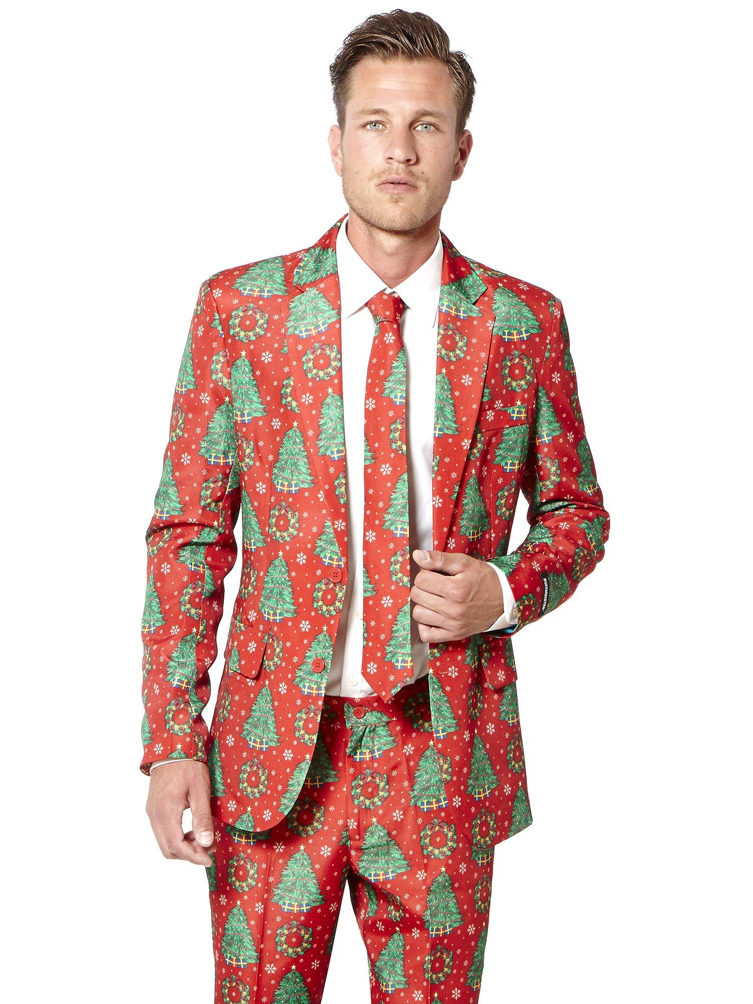 Suitmeister Christmas Suits for Men in Different Prints ,Ugly Xmas Sweater Costumes Include Jacket Pants & Tie,Large,Christmas Trees