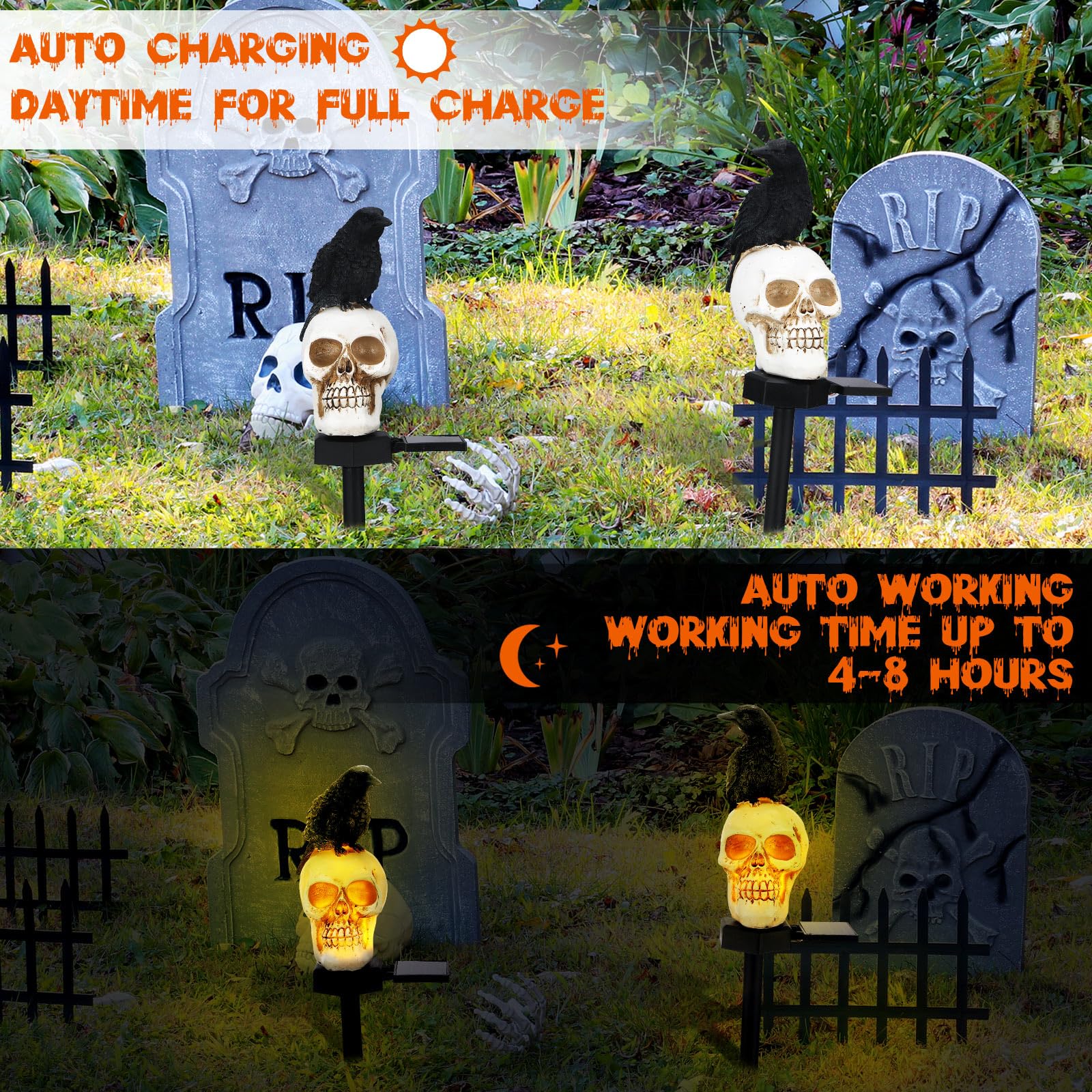 Retisee 2 Pcs Skull Halloween Lights Crow on Skull Solar Pathway Lights Outdoor Decorations Waterproof Scary Skeleton LED Lights for Patio Lawn Yard Garden Home,2 Styles