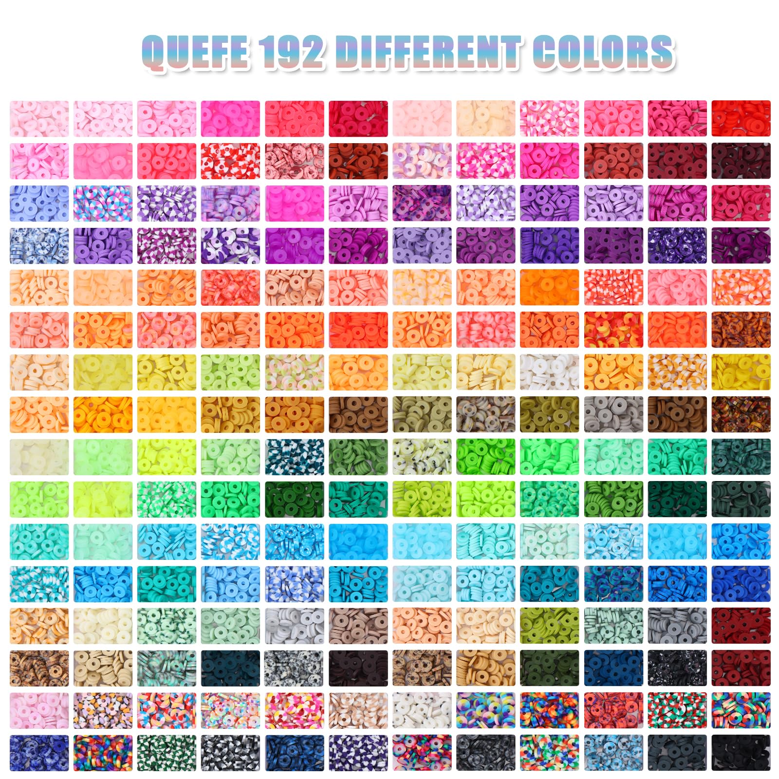 QUEFE 15360pcs, 192 Colors Clay Beads for Bracelet Making Kit Flat Round Polymer Spacer Heishi Beads Jewelry with Pendant Charms Letter and Elastic Strings