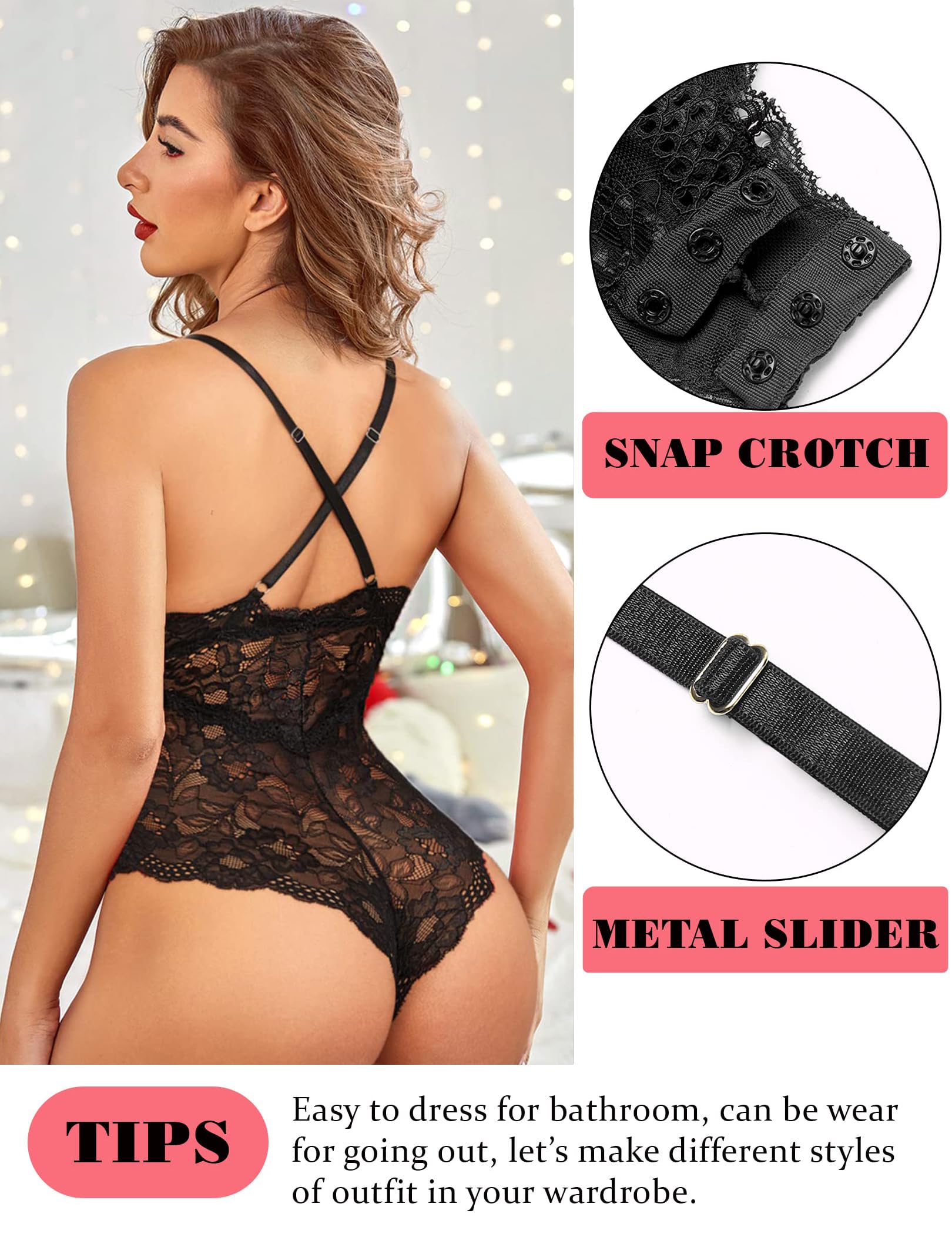 Avidlove Button Crotch Lingerie Women Deep V Lace Teddy Bodysuit One Piece Babydoll(Black,S)