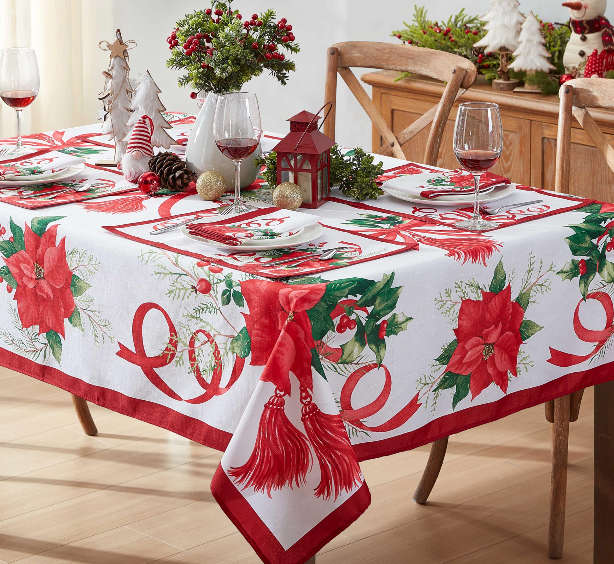 Home Bargains Plus Christmas Holiday Tassels 60 x 144 Inch Rectangle Fabric Tablecloth, Festive Red Poinsettia Garland Stain Resistant Easy Care Table Cover for Dinner Party and Banquet