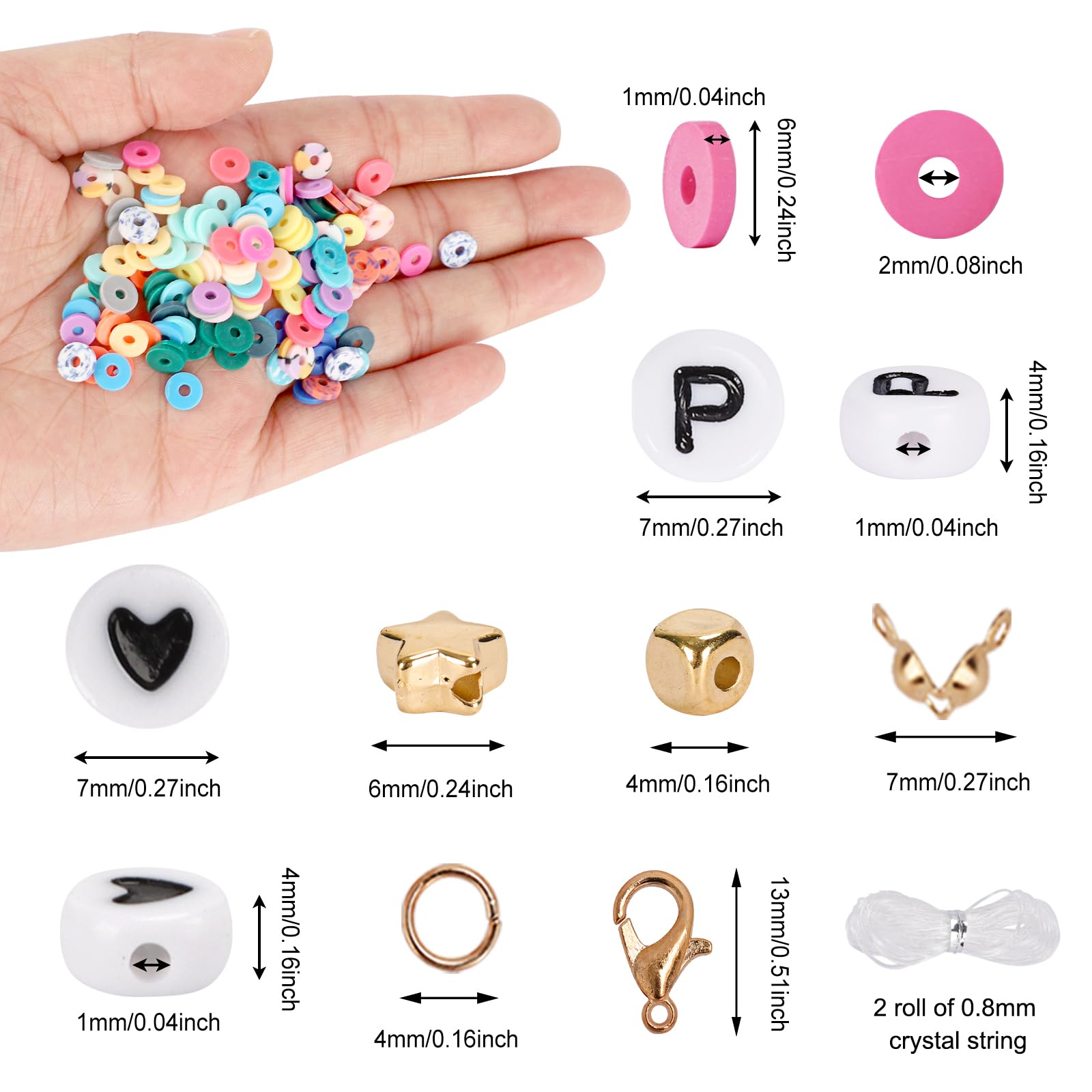 QUEFE 15360pcs, 192 Colors Clay Beads for Bracelet Making Kit Flat Round Polymer Spacer Heishi Beads Jewelry with Pendant Charms Letter and Elastic Strings