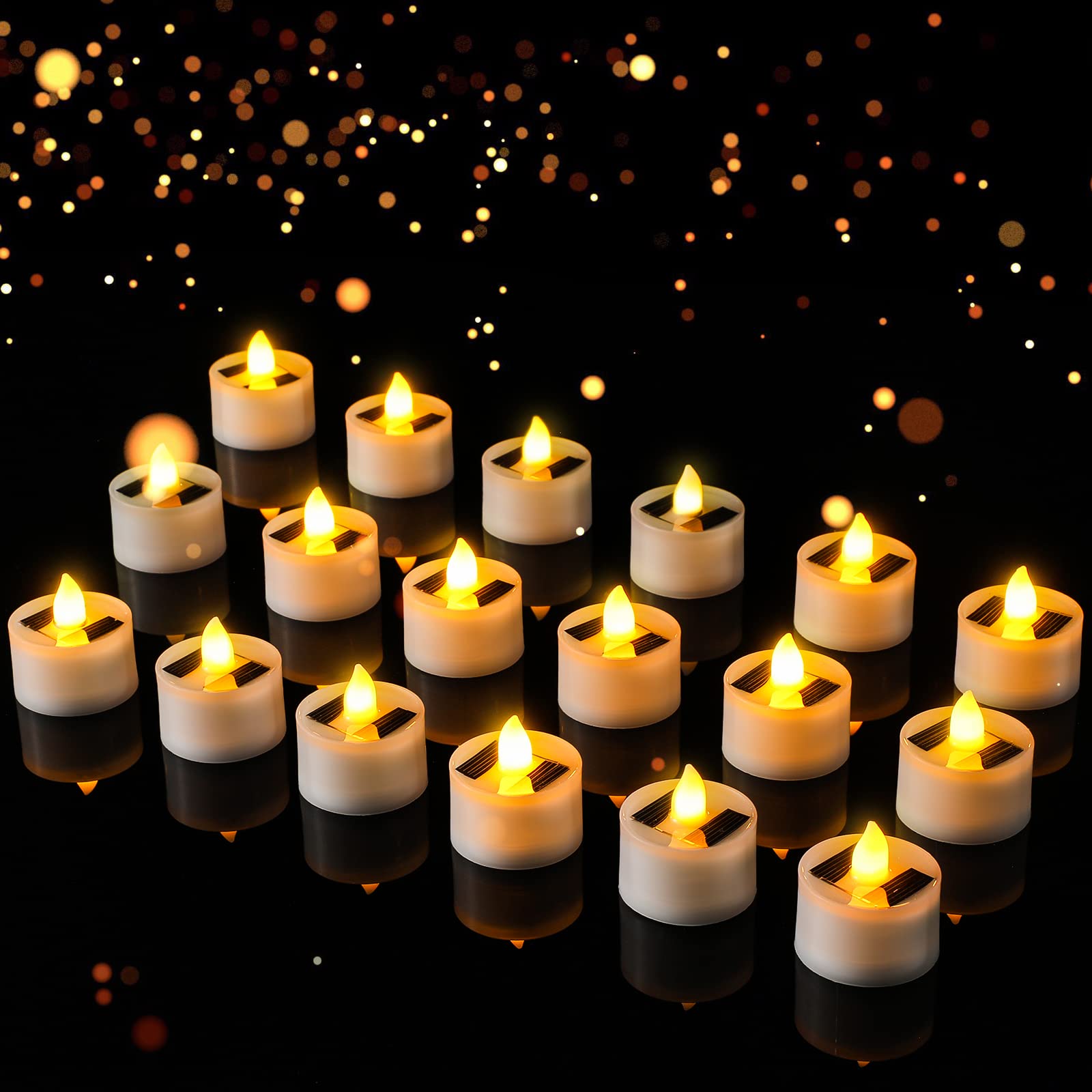 Kittmip 18 Pieces Solar Tea Lights LED Flameless Solar Candles Battery Flickering Waterproof Candles for Wedding Holiday Party Home Decor(1.5 x 1.4 Inch,Yellow Light)