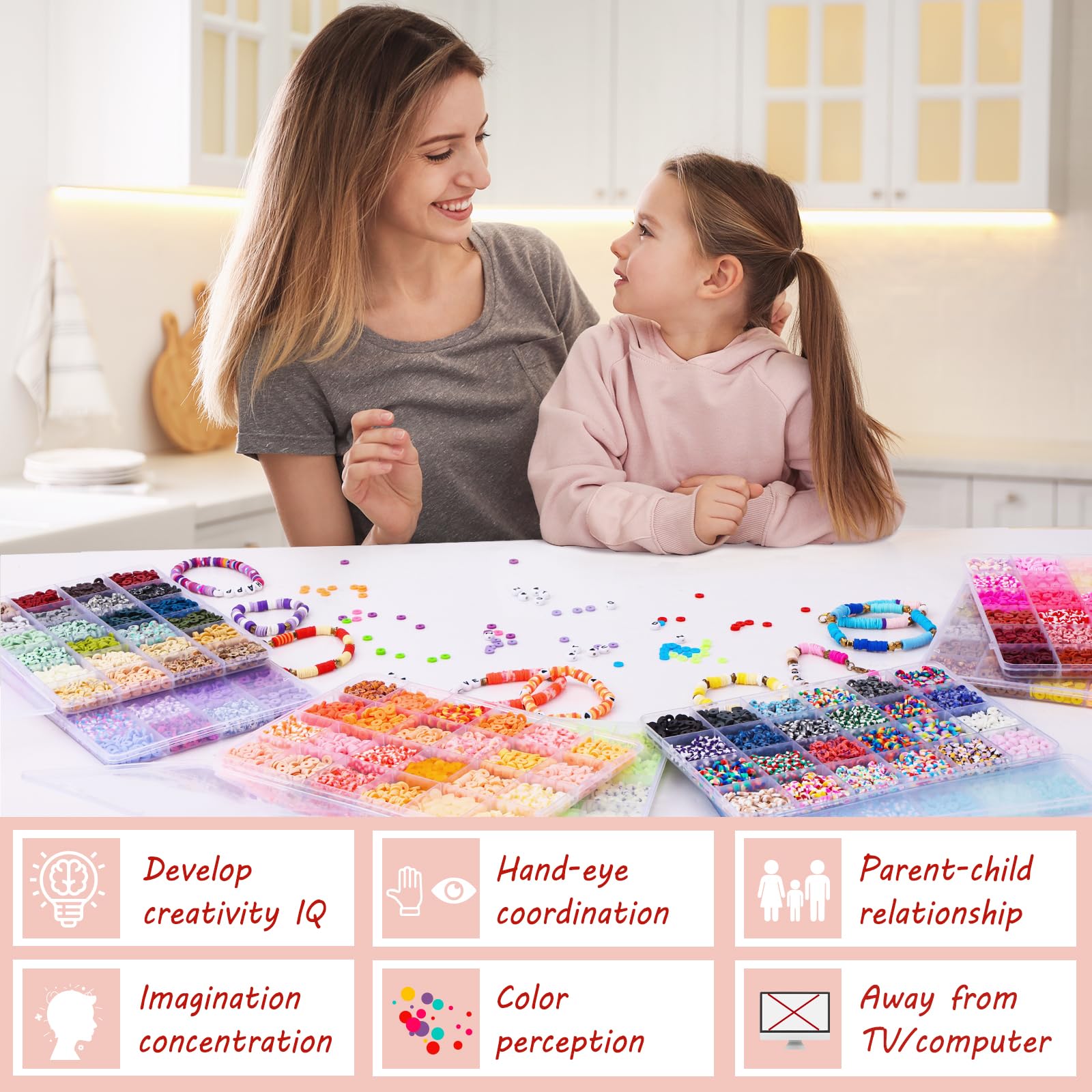 QUEFE 15360pcs, 192 Colors Clay Beads for Bracelet Making Kit Flat Round Polymer Spacer Heishi Beads Jewelry with Pendant Charms Letter and Elastic Strings