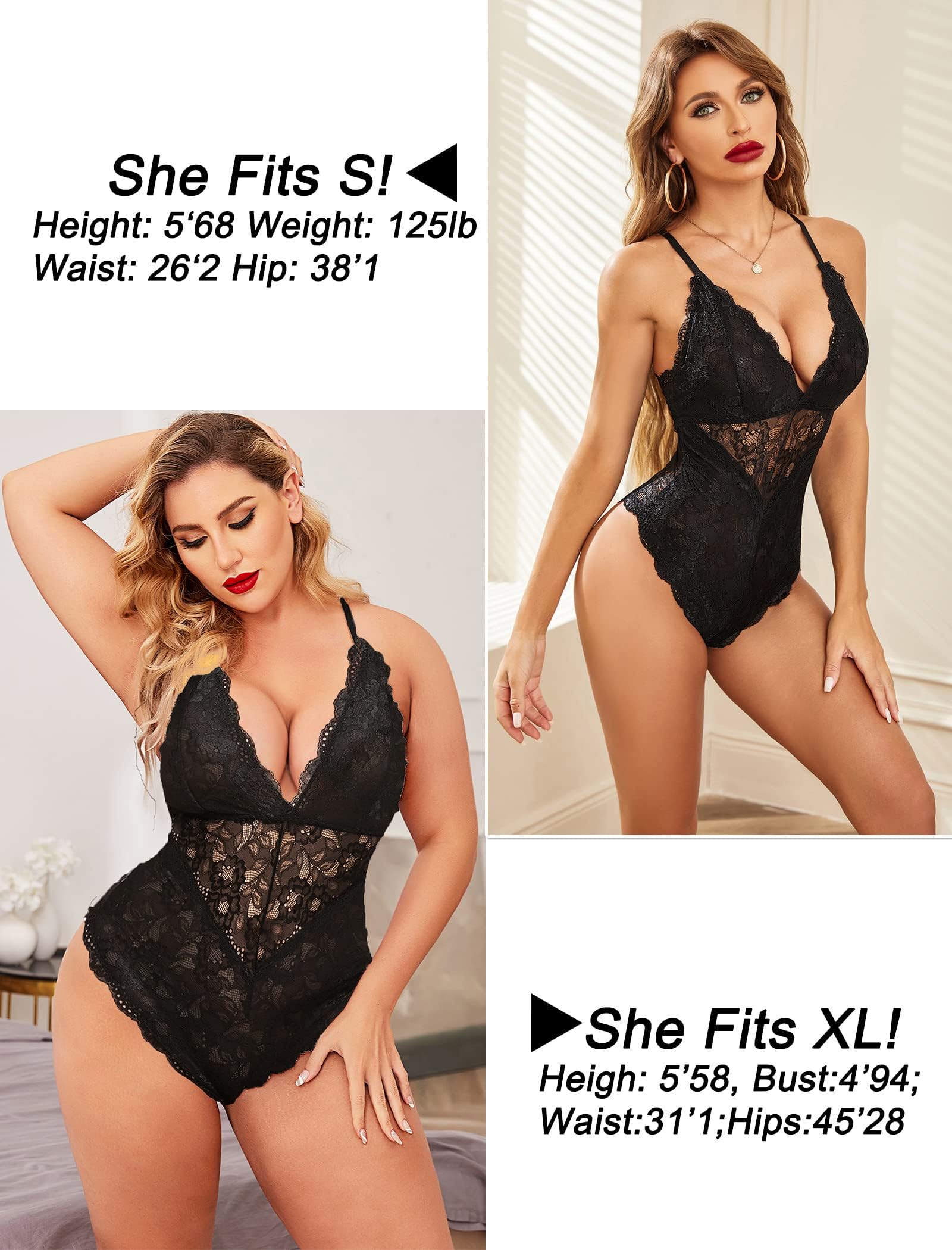 Avidlove Button Crotch Lingerie Women Deep V Lace Teddy Bodysuit One Piece Babydoll(Black,S)