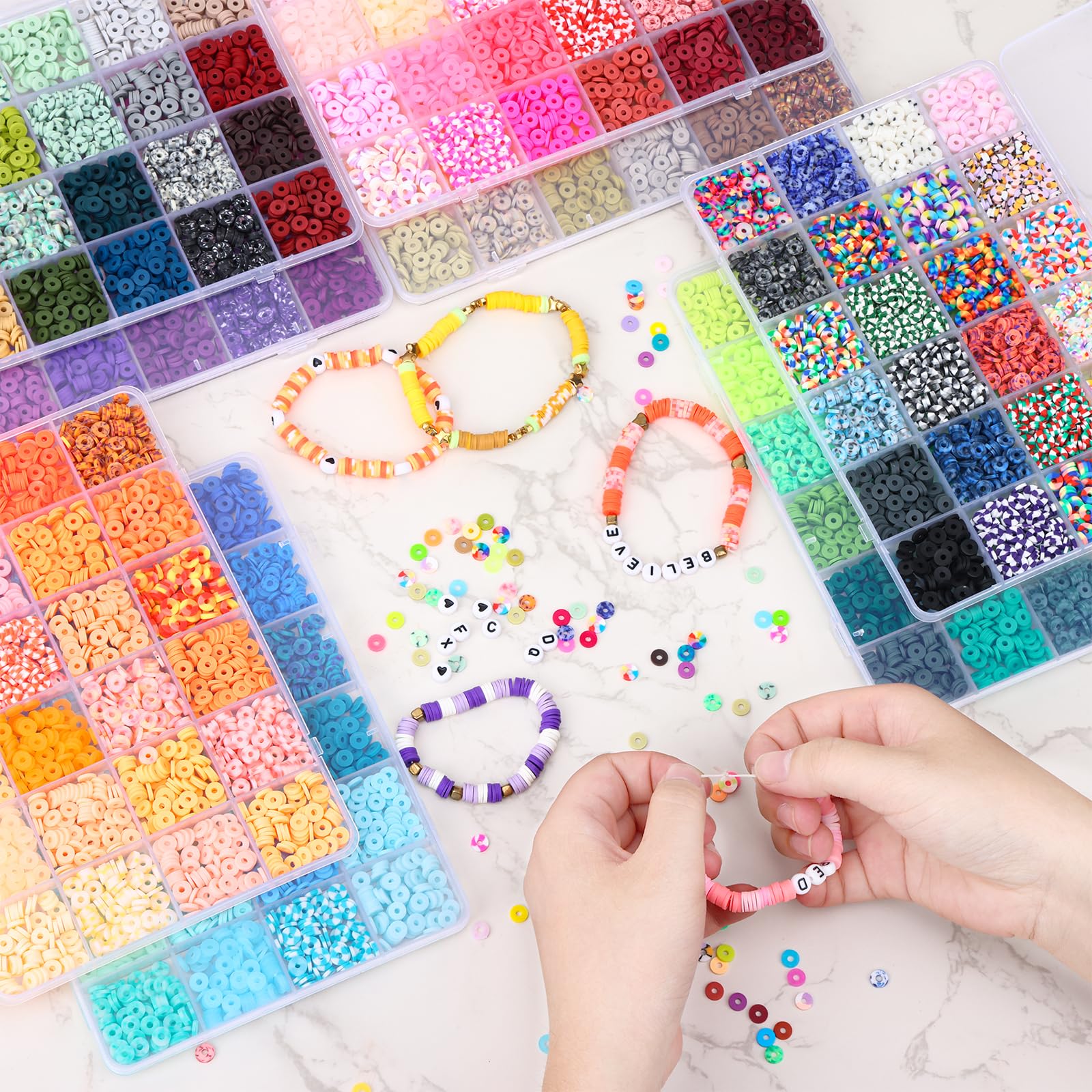 QUEFE 15360pcs, 192 Colors Clay Beads for Bracelet Making Kit Flat Round Polymer Spacer Heishi Beads Jewelry with Pendant Charms Letter and Elastic Strings