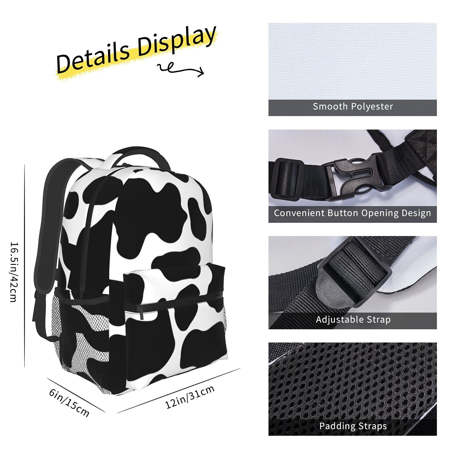 Aisquw Black And White Cow Print Backpack Large-Capacity School Bag Laptop Portable Backpack For Travel Office Shopping (Black White Cow)