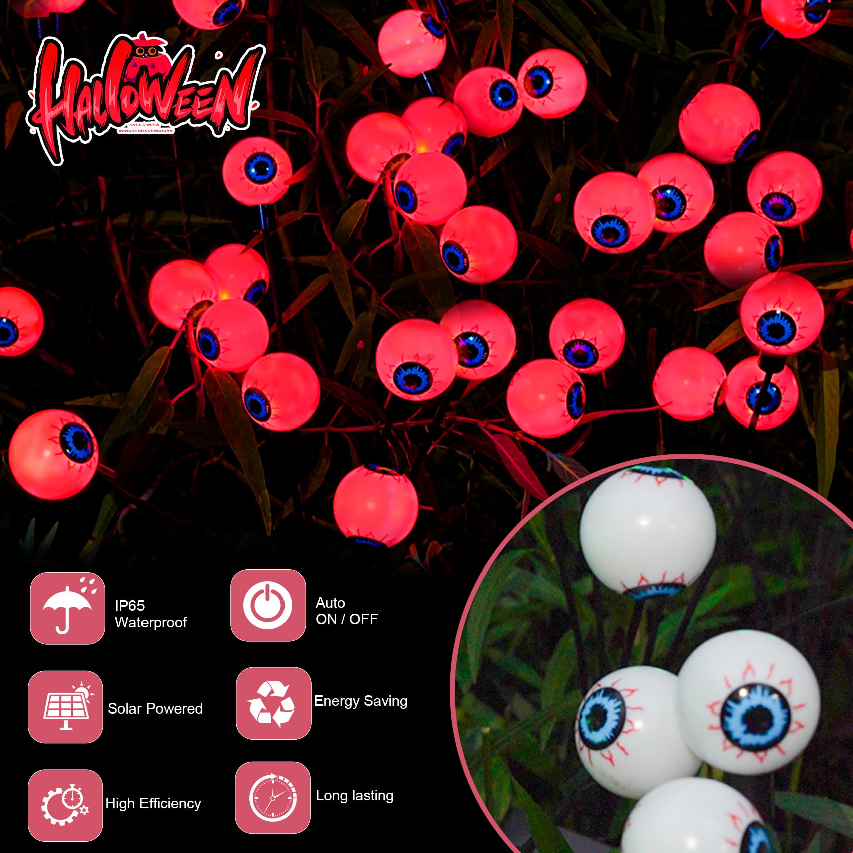 DooYard Halloween Decorations Outdoor, 2 Pack Solar Swaying Eyeball Lights, Swaying by Wind, Solar Pathway Lights, Halloween Decor with 2 Lighting Modes, Halloween Stake Lights for Garden Yard(Red)