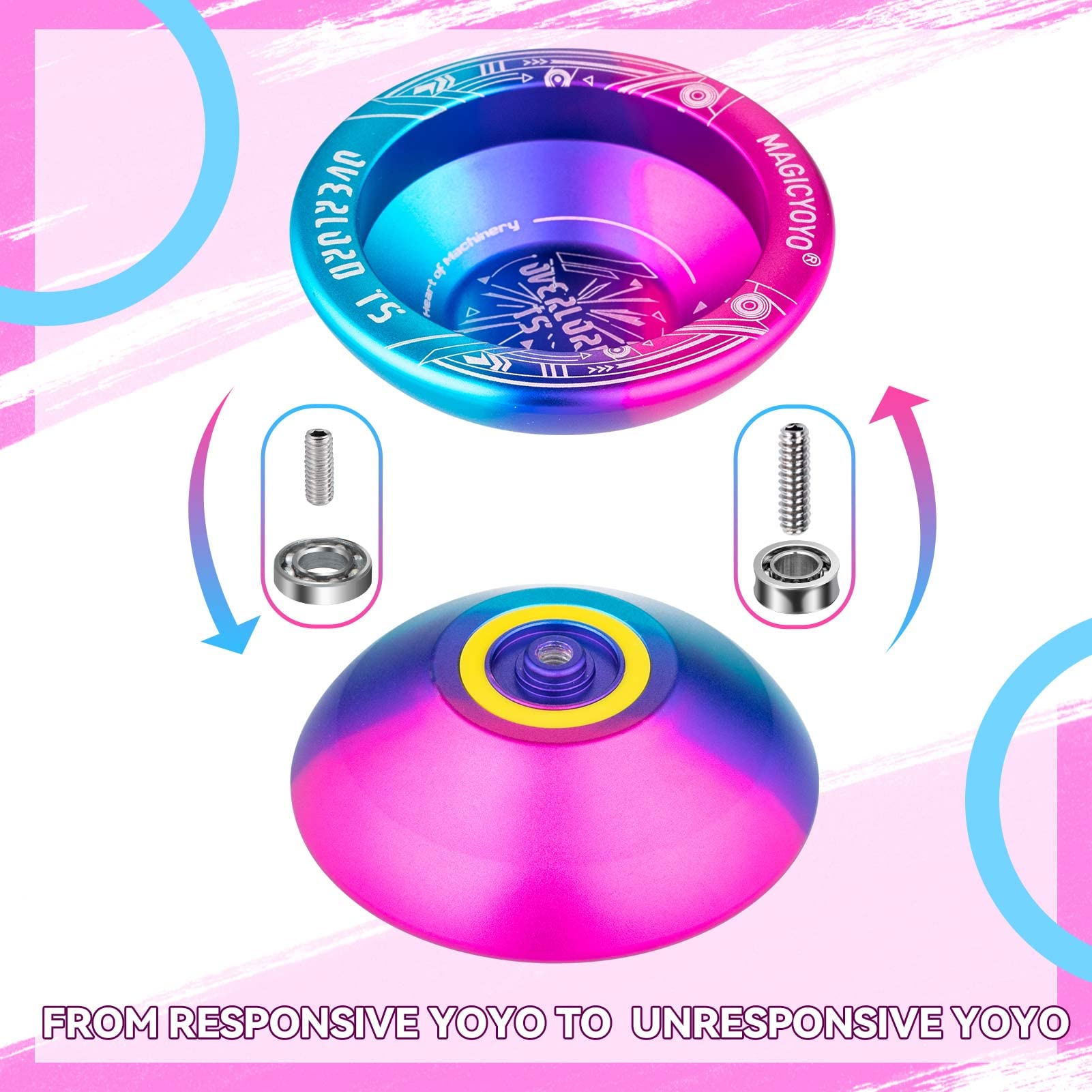 YOSTAR Yoyo T5 Overlord Unresponsive Yoyo for Kids/Adults, Dual Purpose Metal Yoyo Professional with Responsive Yoyo Bearing for Beginners + 12 Yoyo Strings + Yoyo Case Bag (Blue Pink Gradient)