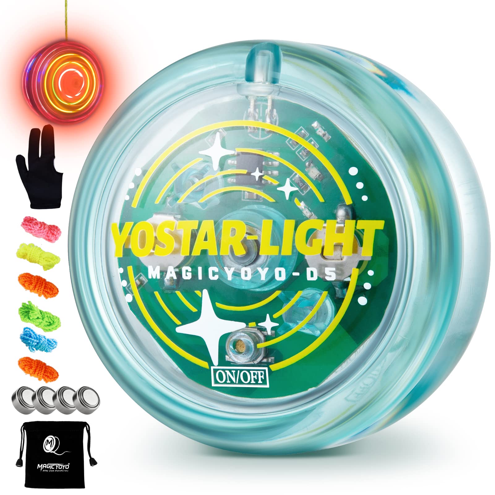 YOSTAR D5 Light Up Yoyo Professional with Led Light, Responsive Yoyo for Kids Beginner, Looping Yoyo for 2A Yo-yo Tricks with Extra 4 Battery + 5 yoyo Strings + Yo yo Sack+ Gloves (Green)