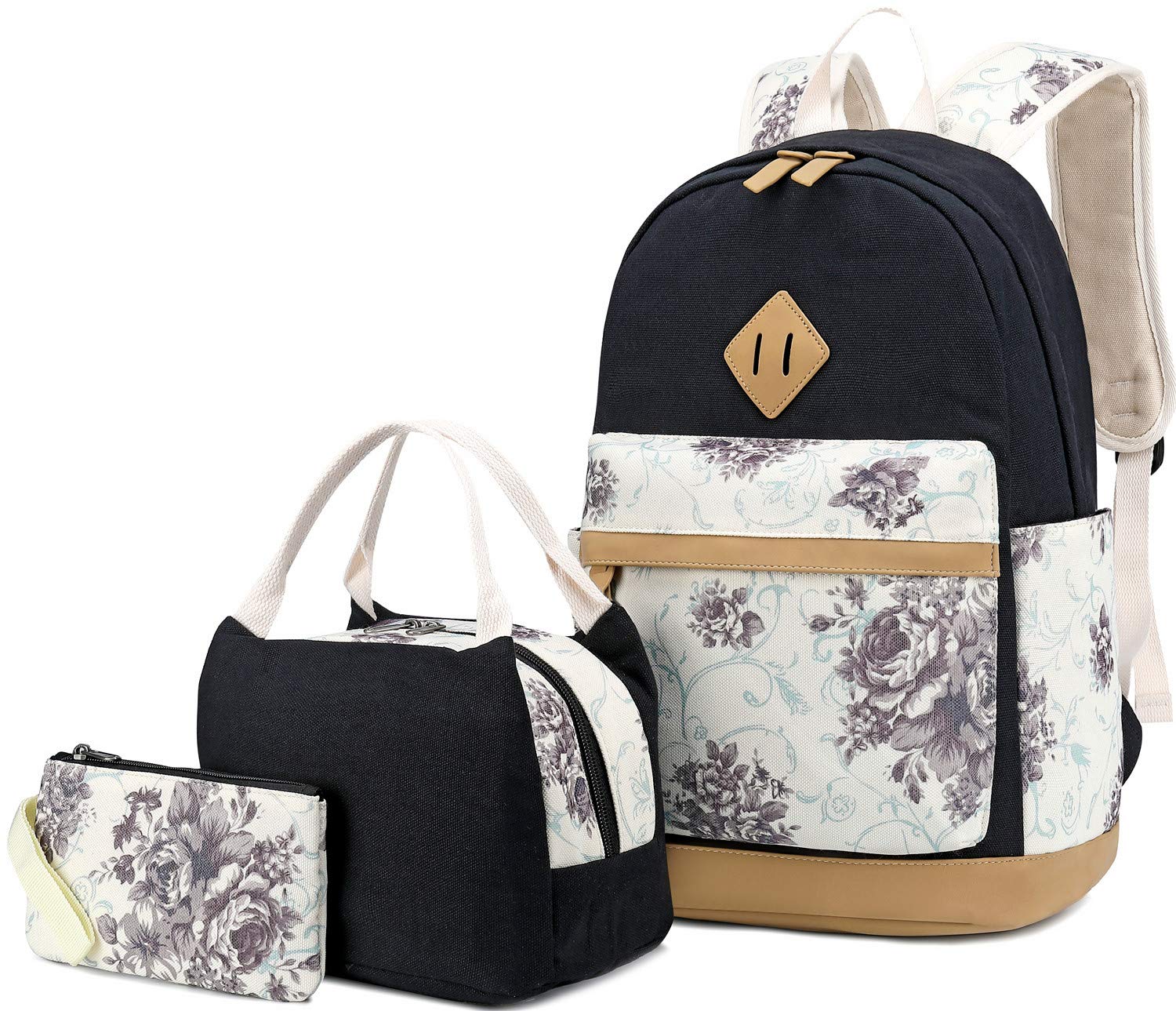 Bluboon School Backpack Set 3 Pieces Lightweight Canvas Teen Girls Bookbags Lunch Box Pencil Case (Black-flower)