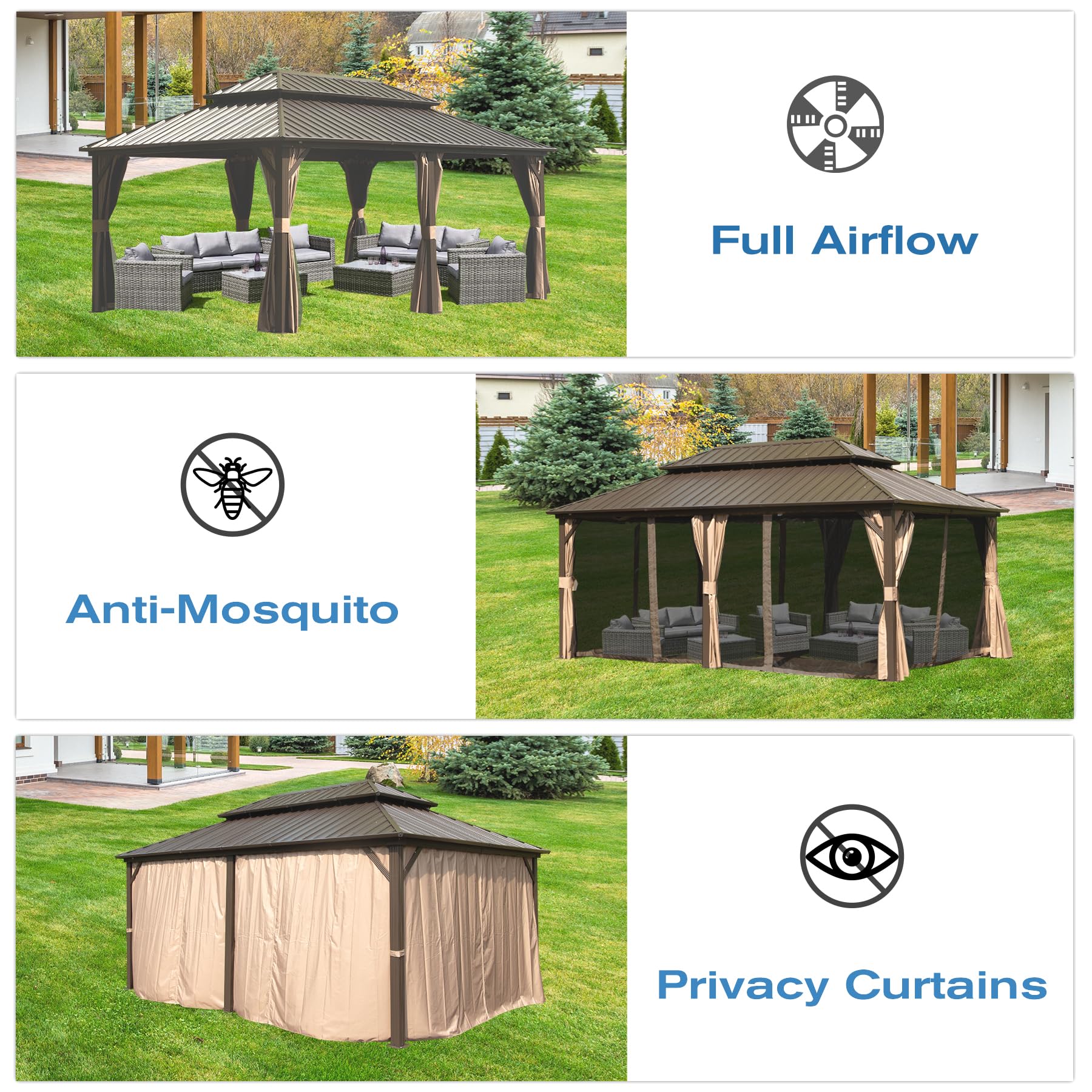 Domi 12' x 20' Hardtop Gazebo Permanent Metal Gazebo with Galvanized Steel Double Roof, Curtains and Netting for Party, Wedding, Outdoor Dining, Patio, Backyard, Brown