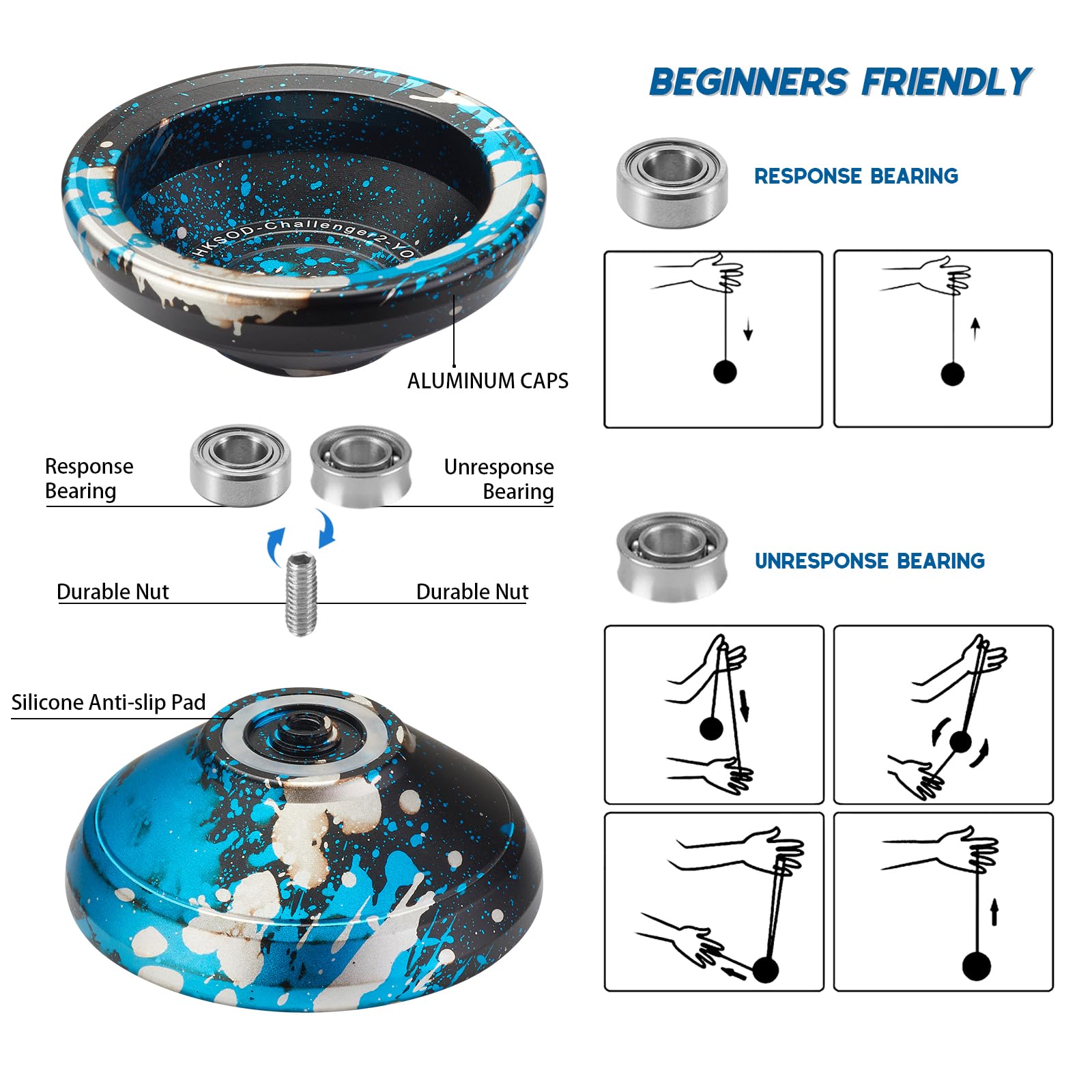 Hksod Yoyo Responsive Professional Yoyos for Kids 8-12 Beginners,Unresponsive Yo Yo for Adults Metal Trick Yoyos with Yo-yo Bearing Accessories - Black Blue