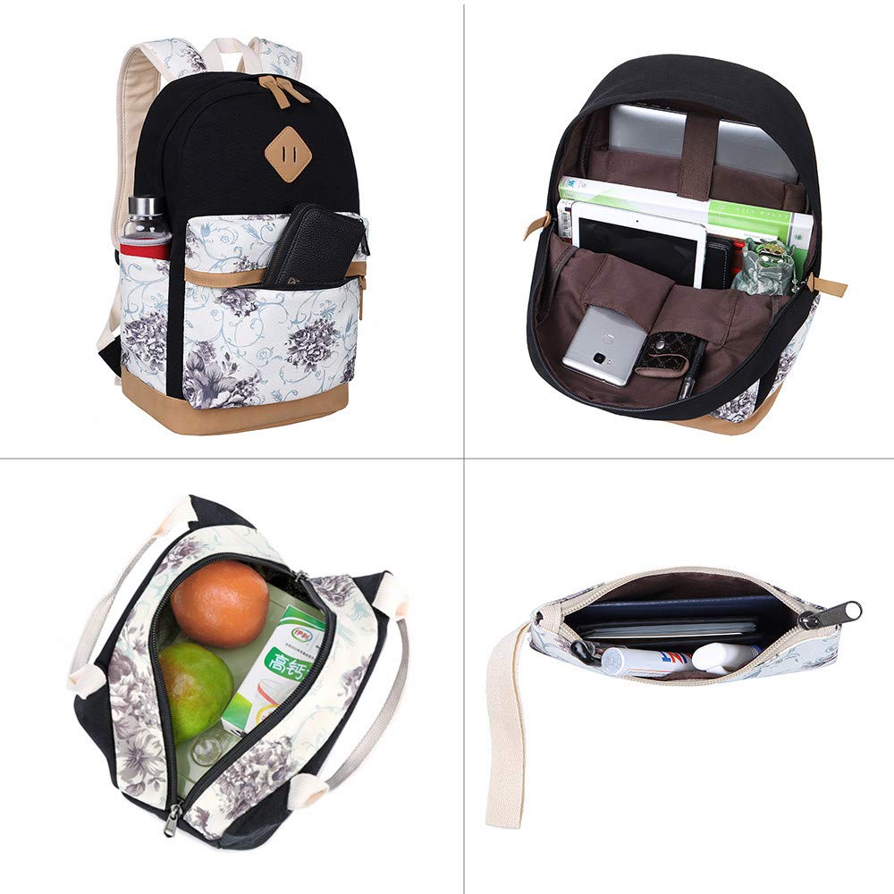 Bluboon School Backpack Set 3 Pieces Lightweight Canvas Teen Girls Bookbags Lunch Box Pencil Case (Black-flower)
